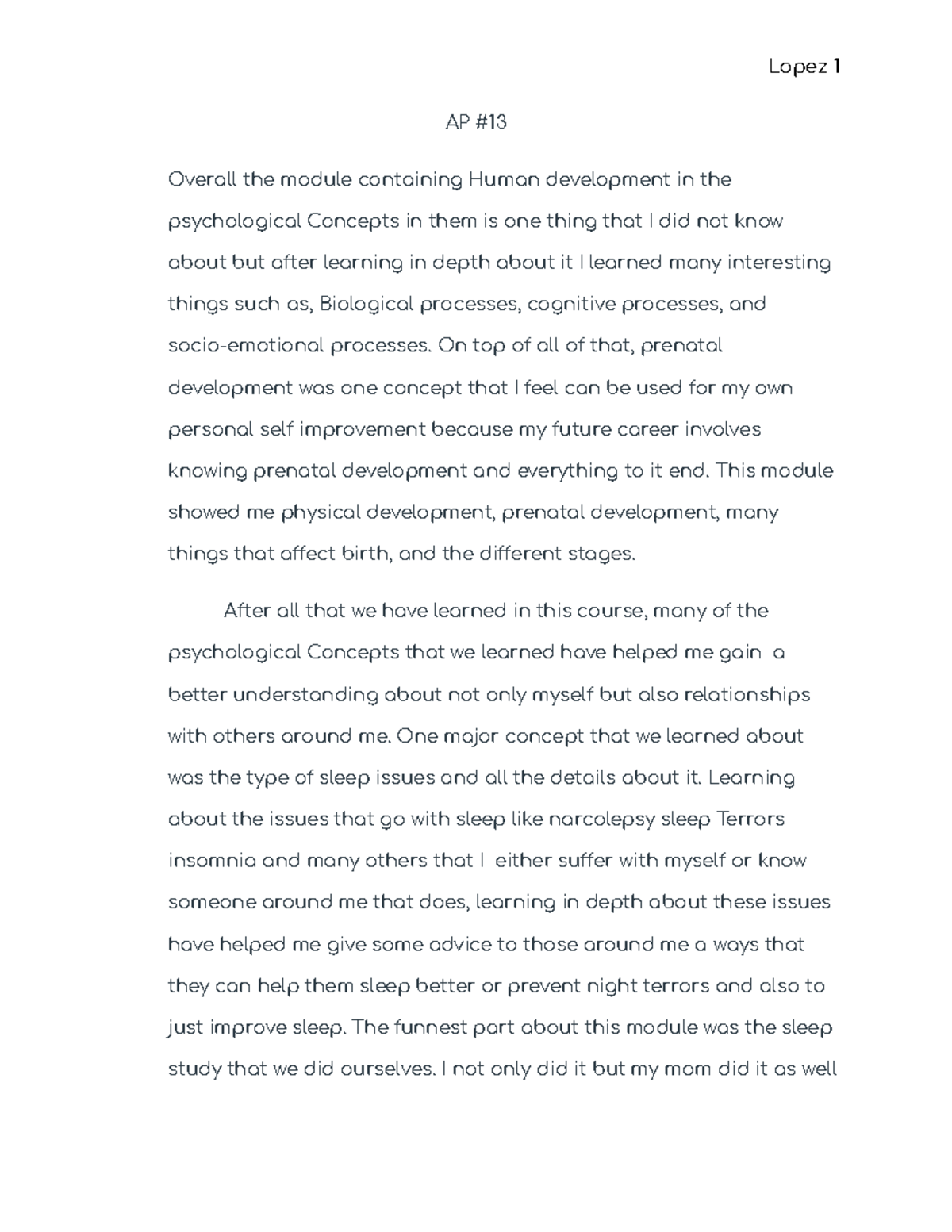 AP #13 - HUMAN DEVELOPMENT IN PSYCHOLOGICAL CONCEPTS - Lopez 1 AP ...