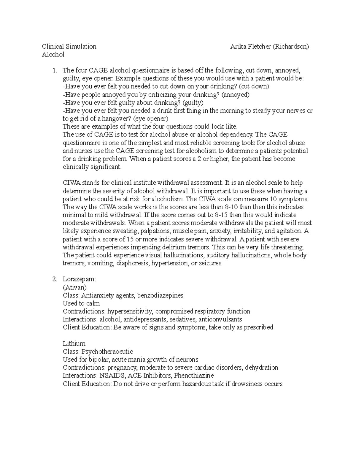 Alcohol simulation 1 - Clinical Simulation Arika Fletcher (Richardson ...