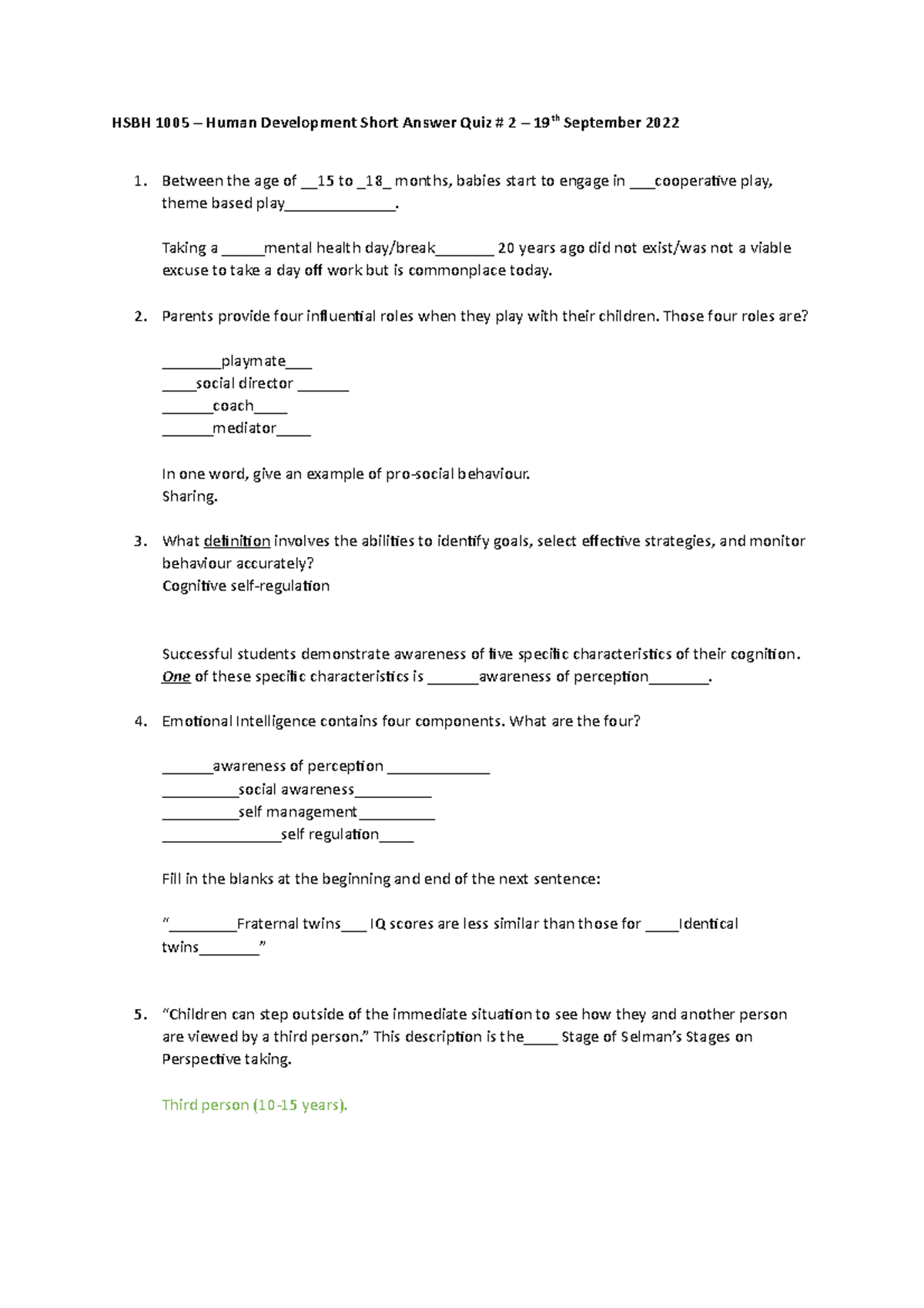 SA Quiz No 2 - HSBH 1005 - 2022 - HSBH 1005 – Human Development Short ...