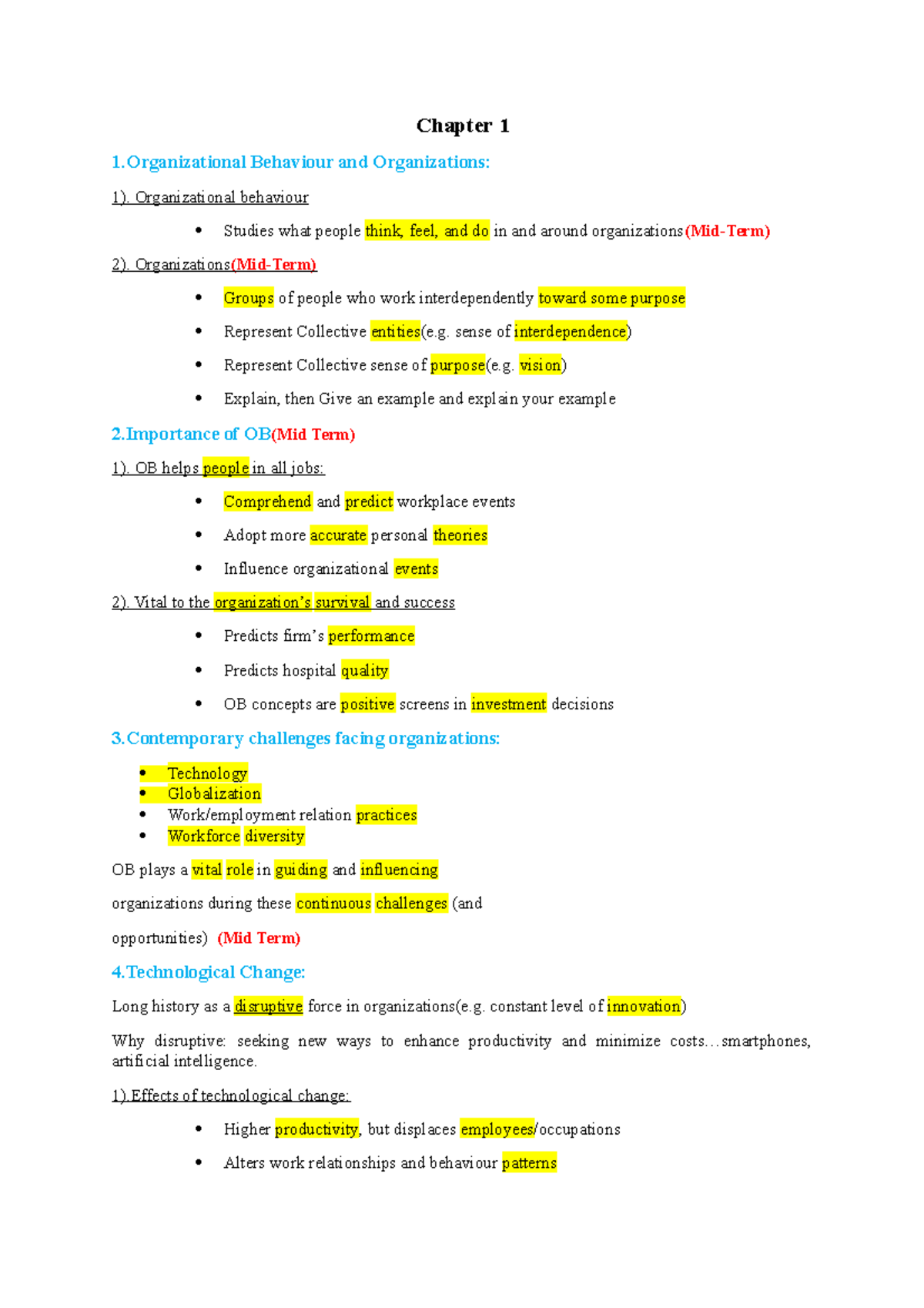 Mid-Term - Notes - Chapter 1 1 Behaviour and Organizations: 1 ...