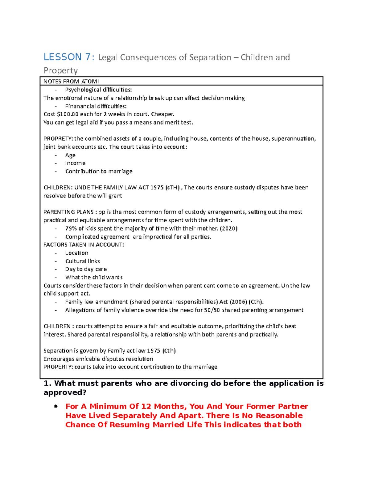 Lesson 7 Legal Consequences of Separation – Children and Property ...