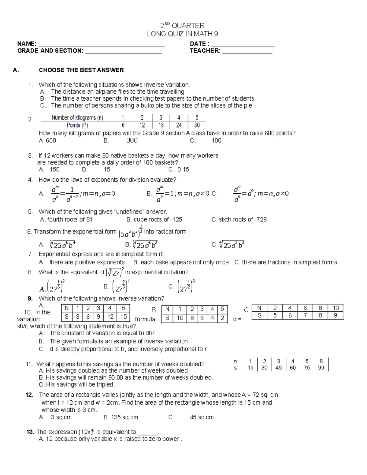Reviewer-2nd-quarter - 2 ND QUARTER LONG QUIZ IN MATH 9 NAME