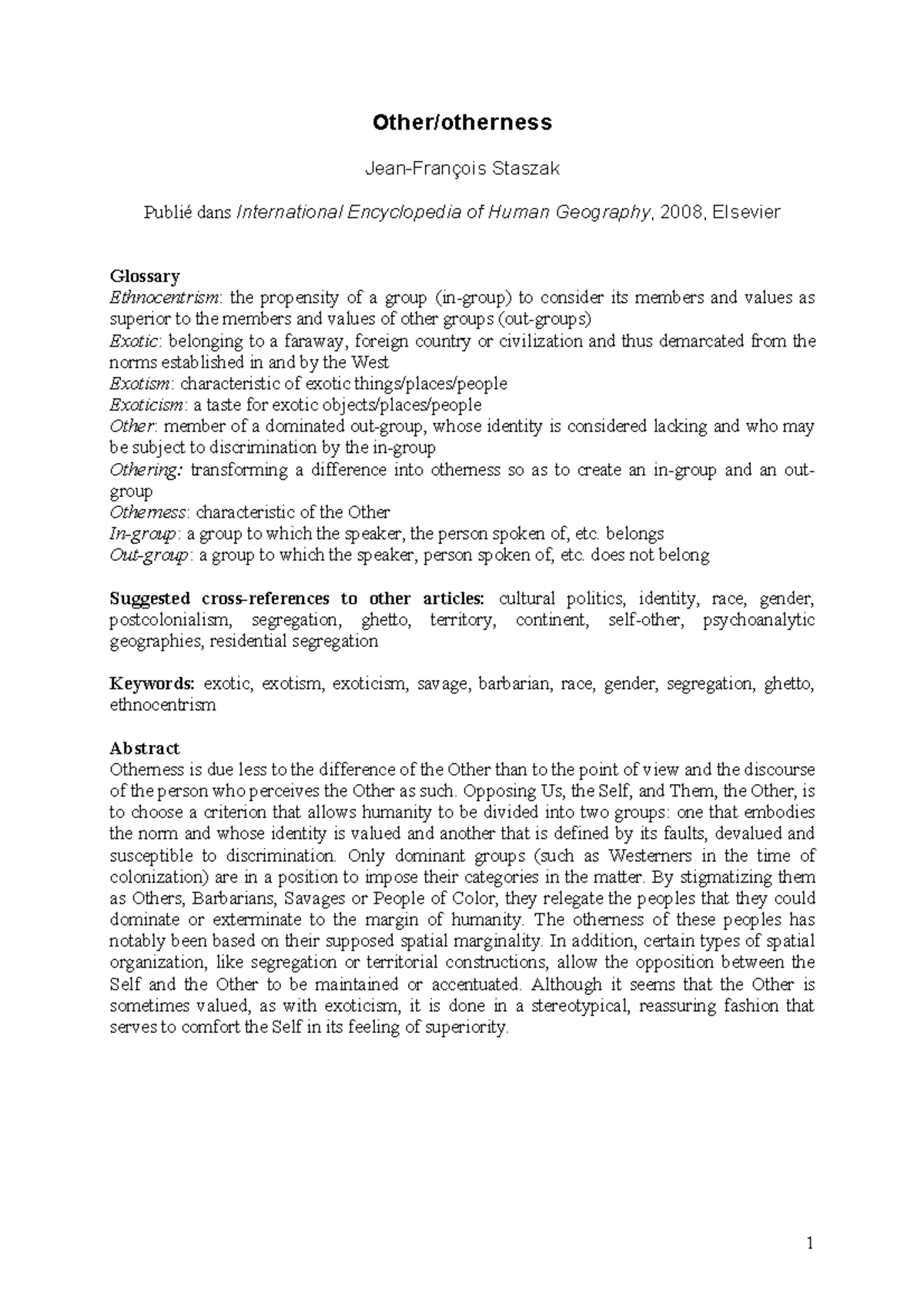 Other Otherness - Theory notes - Other/otherness Jean-François Staszak ...