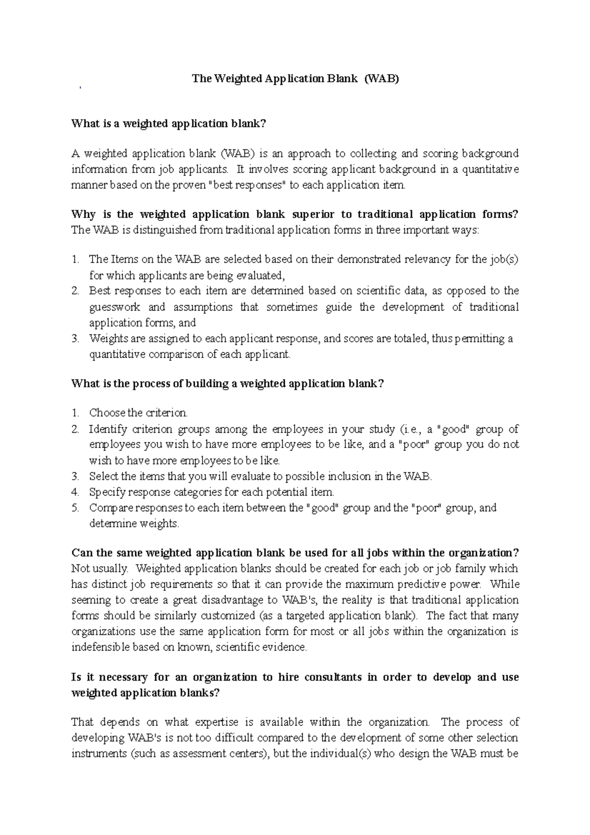 Unit 5 - Lecture notes 1 - The Weighted Application Blank (WAB) What is ...