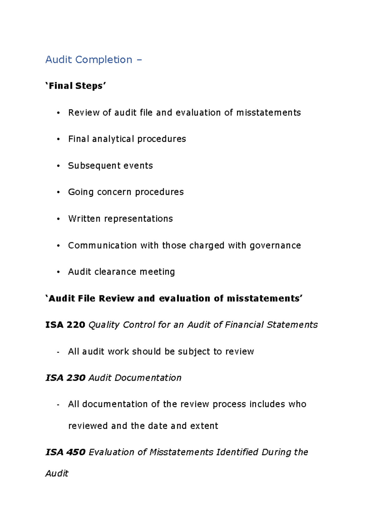 Audit Completion Notes - Audit Completion – ‘Final Steps’ - Review of ...