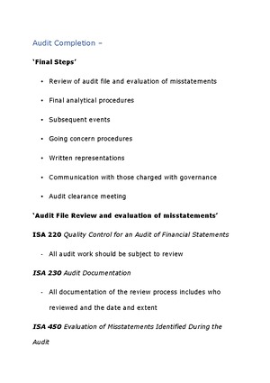 Audit Completion Notes - Audit Completion – ‘Final Steps’ - Review of ...