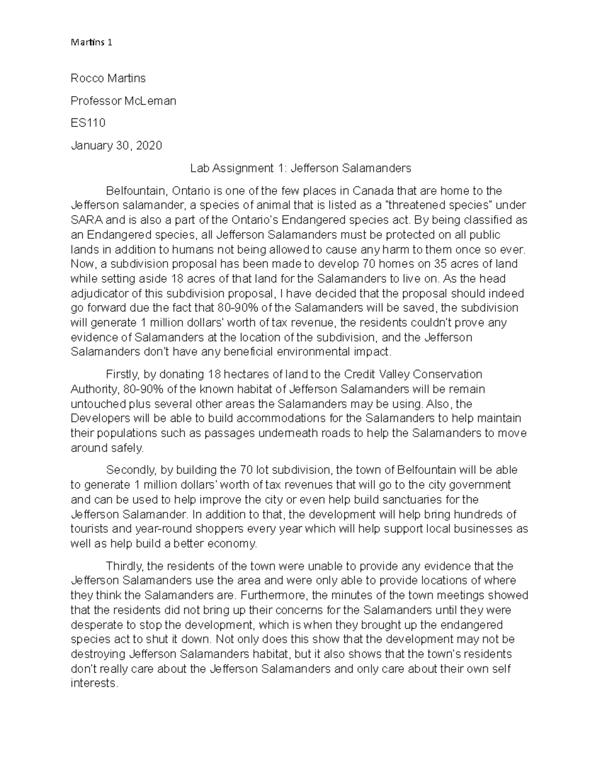 Lab Assignment 1 - Martins 1 Rocco Martins Professor McLeman ES January ...