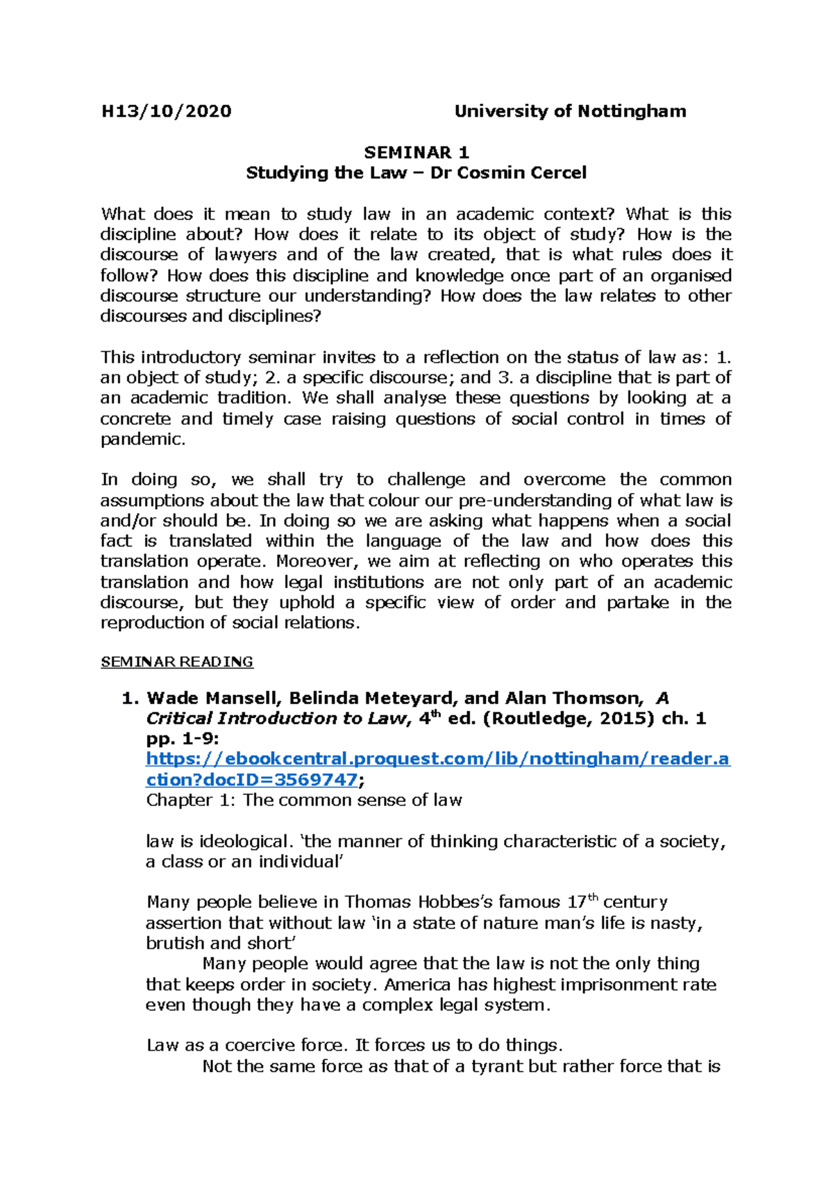 Seminar Handout Semester 1 - H13/10/2020 University of Nottingham ...