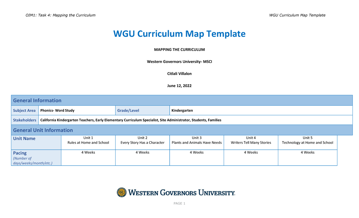 Task 4 - The graduate maps the curriculum to demonstrate how it aligns ...