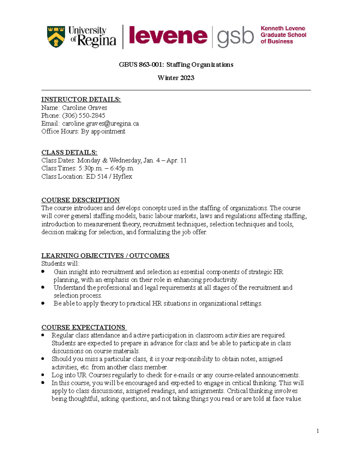 GBUS 863 - Course Outline - Winter 2023 - GBUS 863-001: Staffing ...