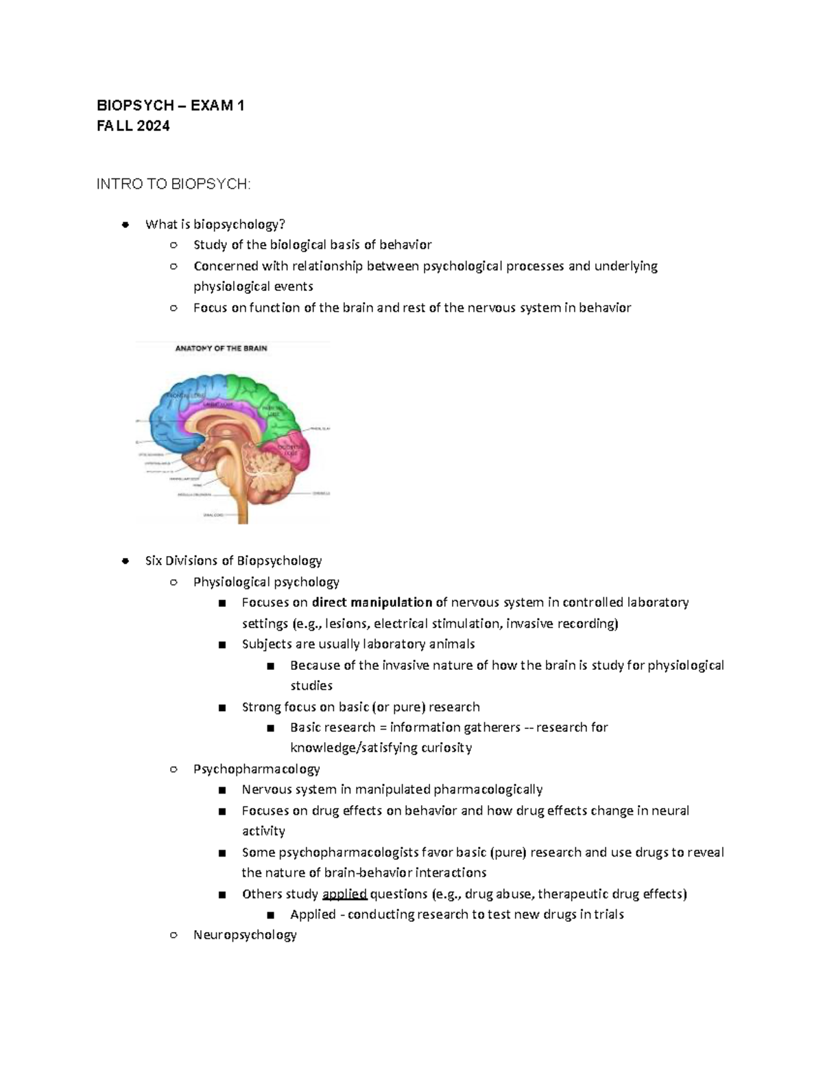 Studocu notes - biopsych - BIOPSYCH – EXAM 1 FALL 2024 INTRO TO ...