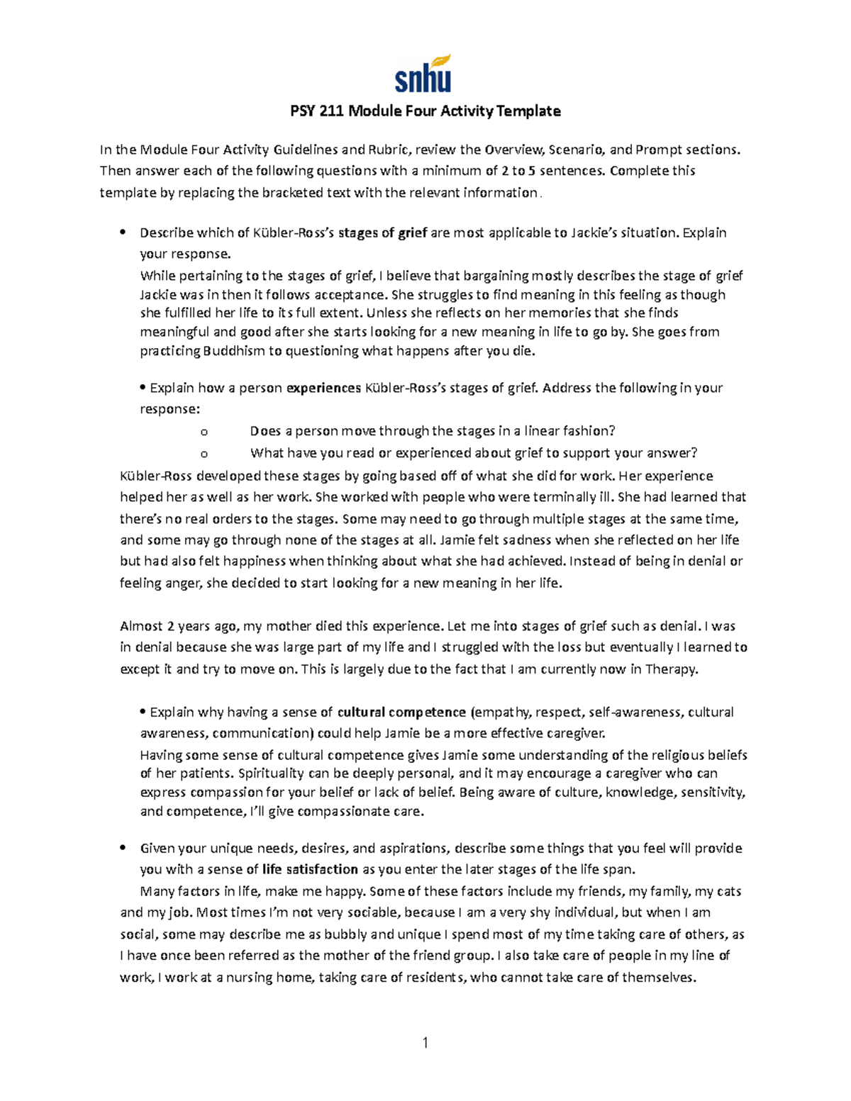 PSY 211 Module Four Activity Template - Then answer each of the ...