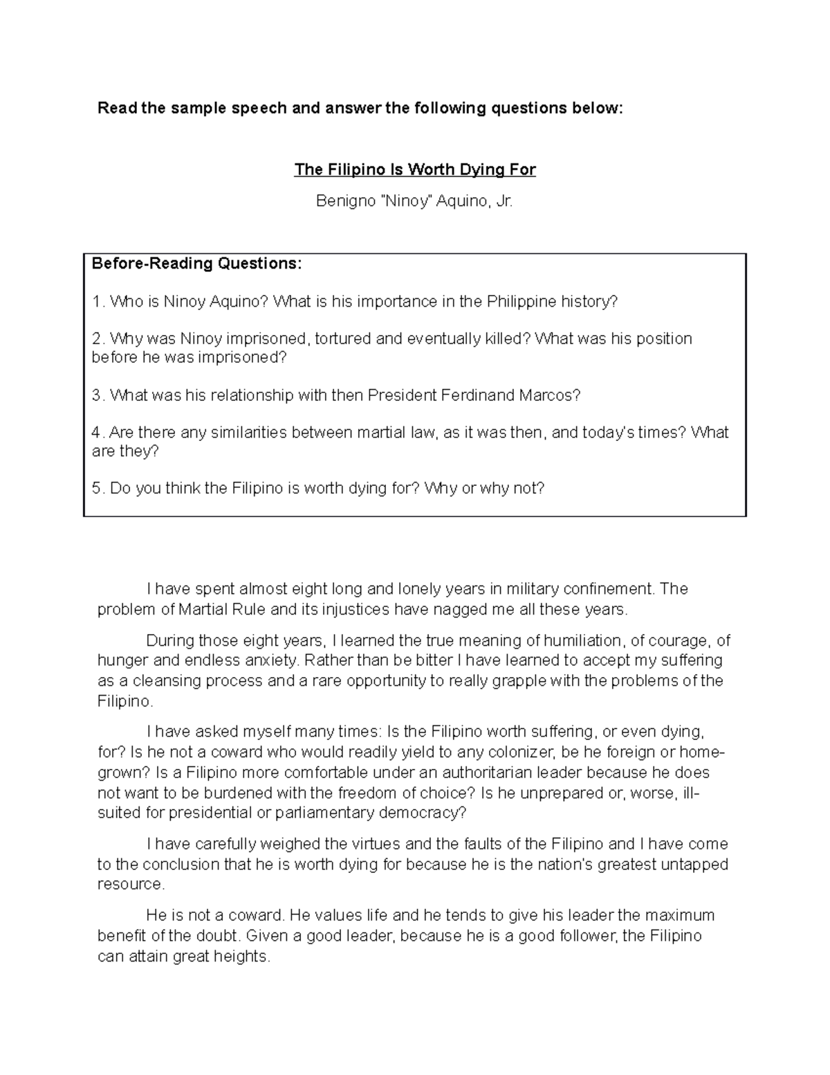 hshsgacvb5847jm - Read the sample speech and answer the following ...