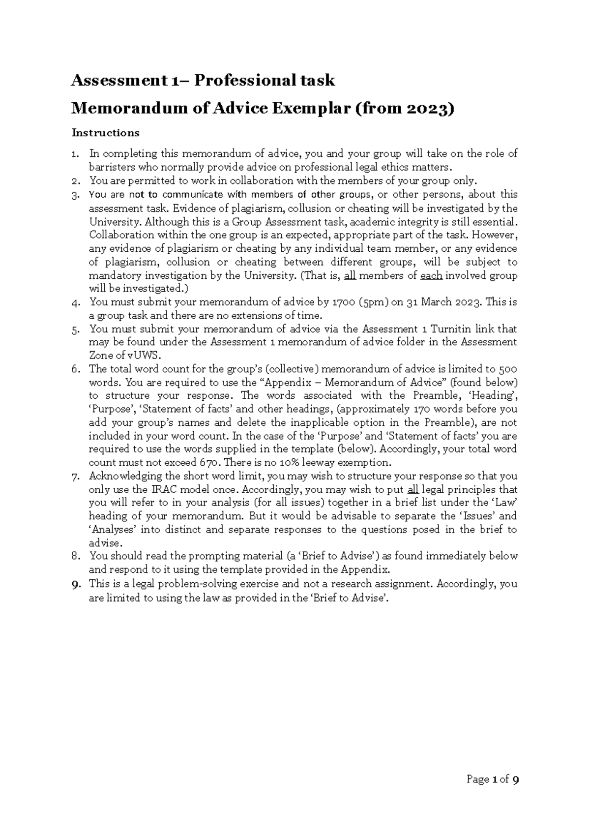 Exemplar - Assessment #1 - Professional task (Memorandum of Advice ...