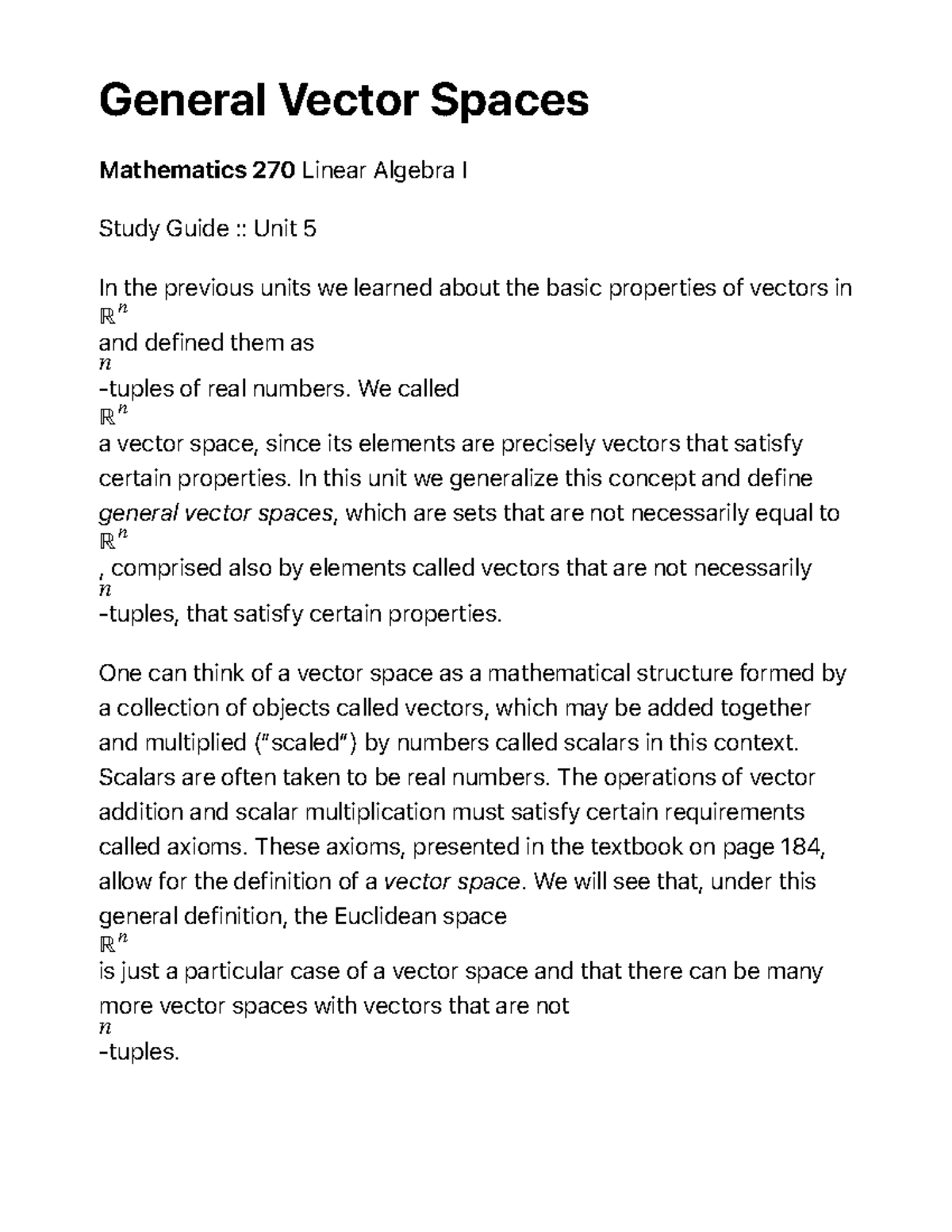 Unit 5 - MATH 270 Study Guide - General Vector Spaces Mathematics 270 Linear Algebra I Study ...