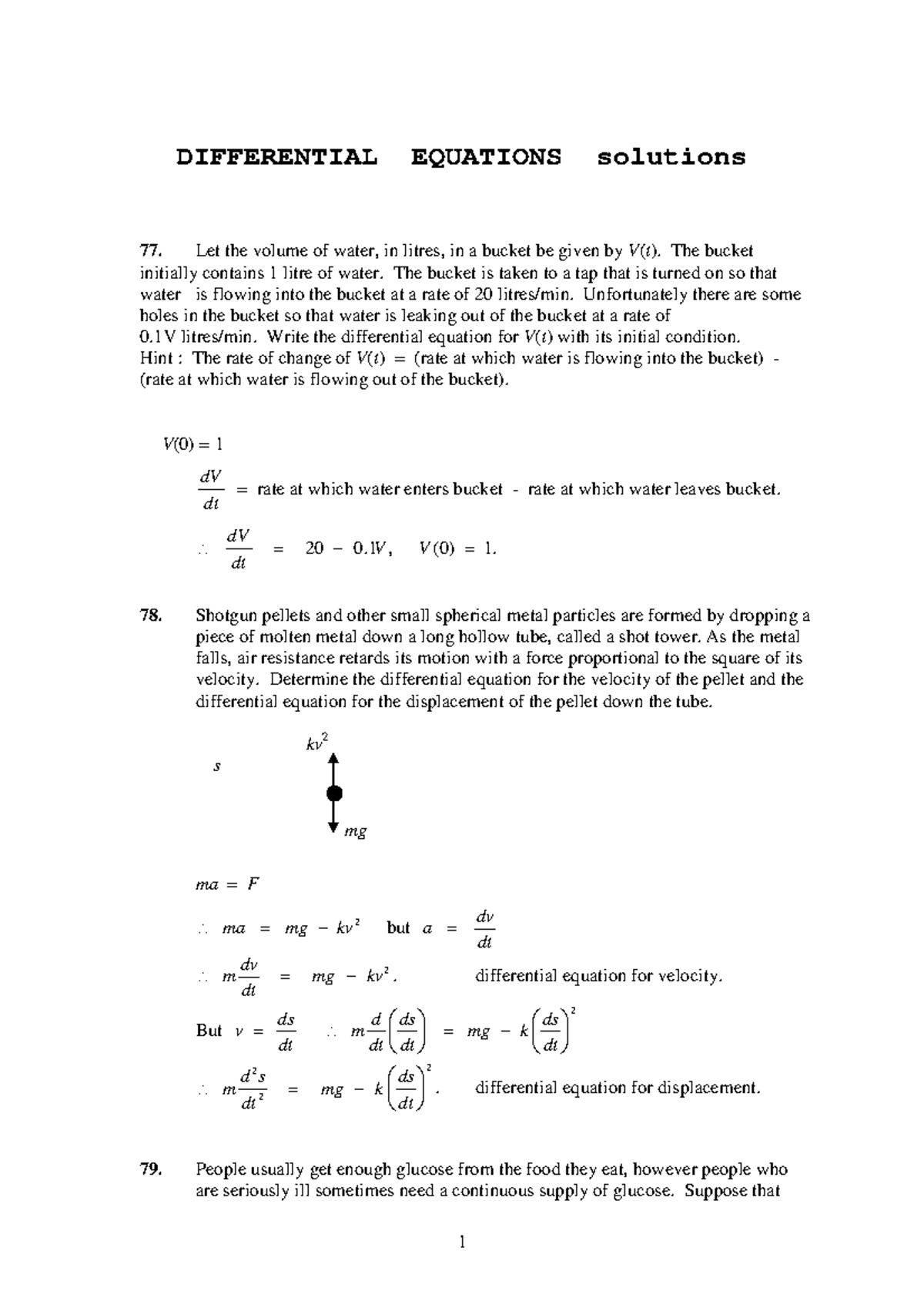 Workshop Solutions Dif Eqns - DIFFERENTIAL EQUATIONS solutions 77. Let ...