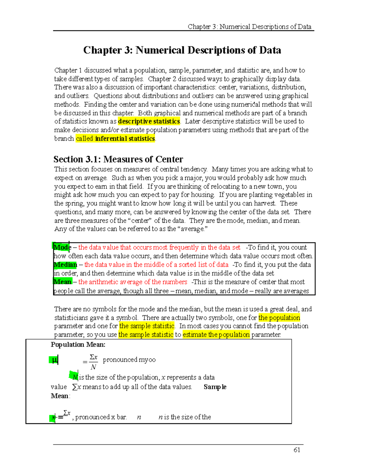Chapter 3 math - Chapter 3: Numerical Descriptions of Data Chapter 1 ...