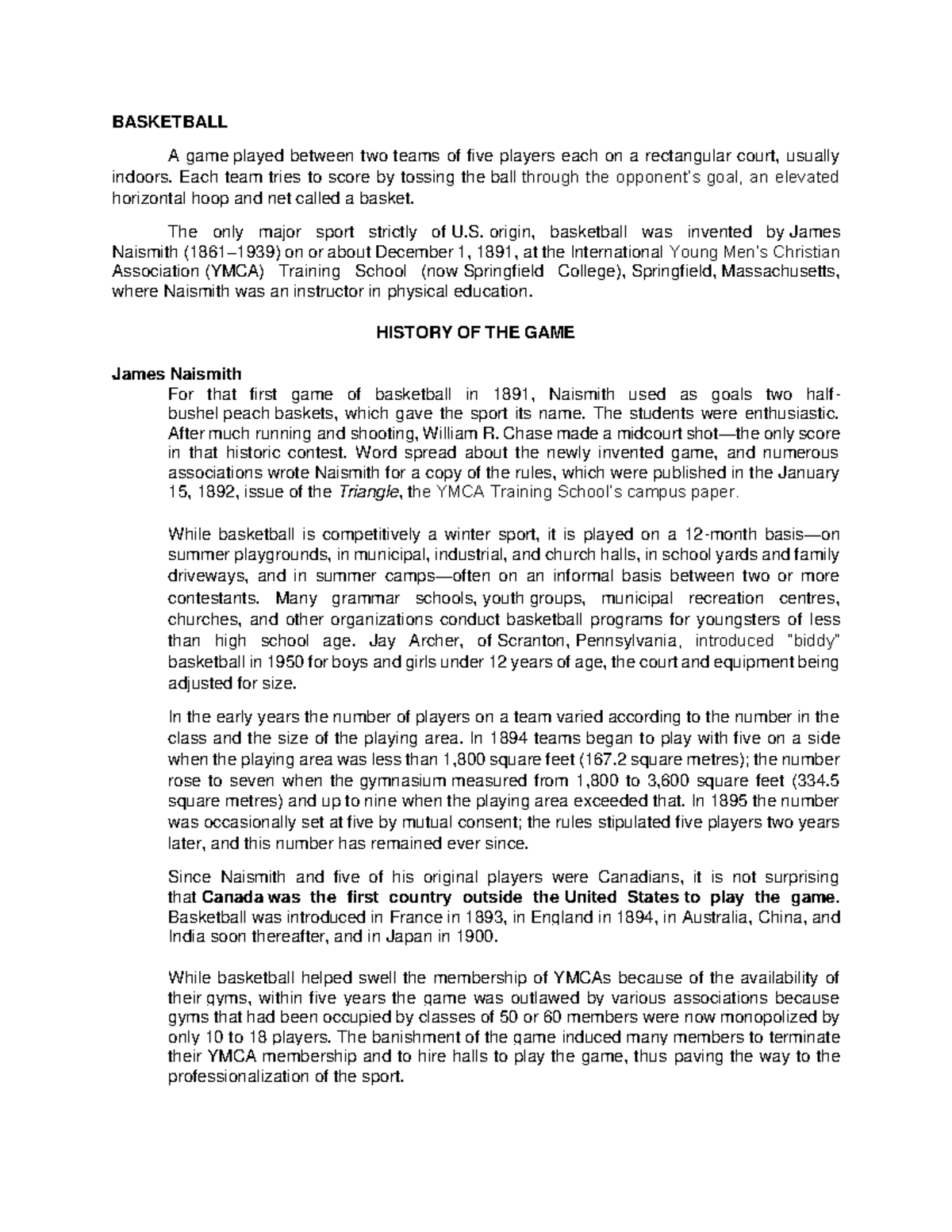 Basketball - Summary Physical Education - BASKETBALL A game played ...