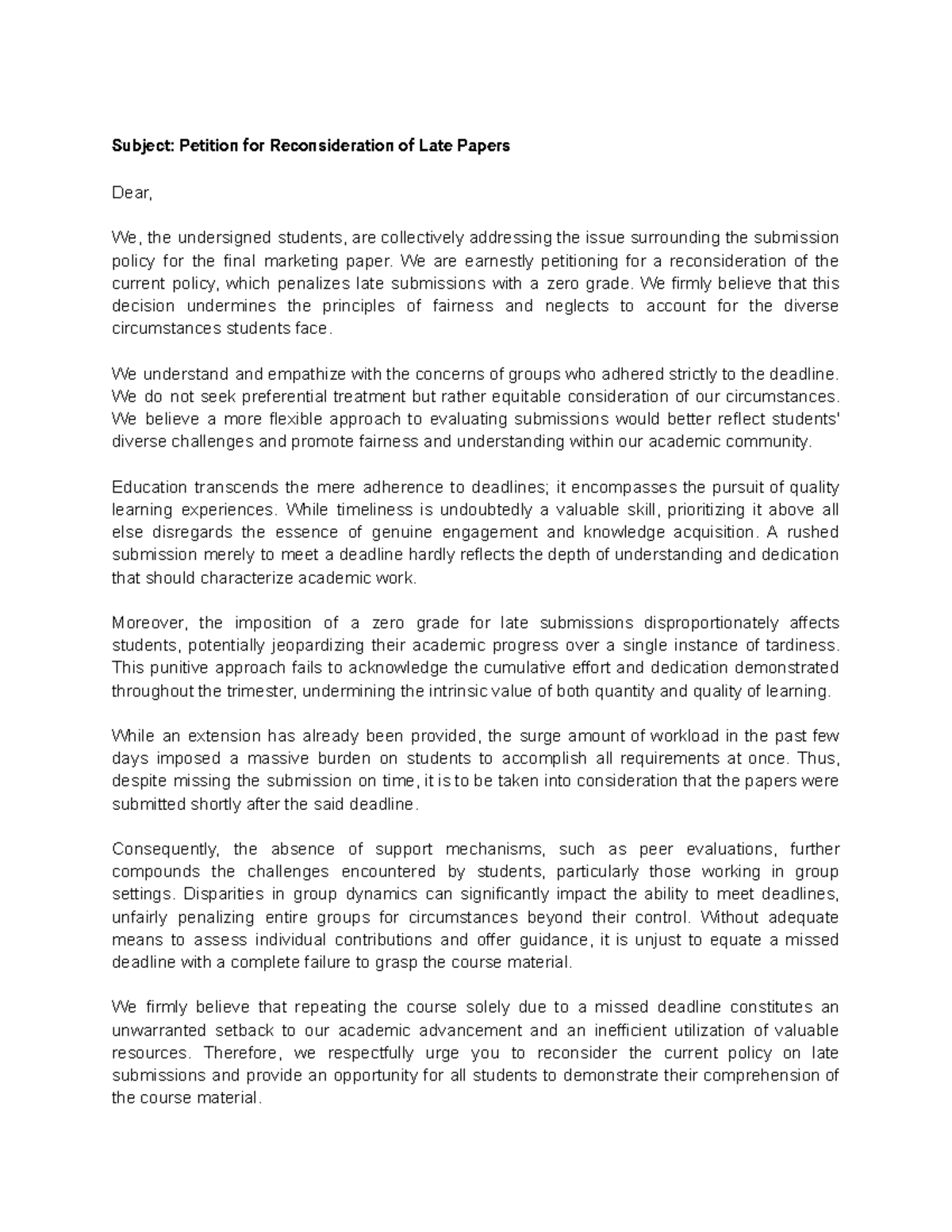 Petition for Reconsideration of Late Papers - Subject: Petition for ...