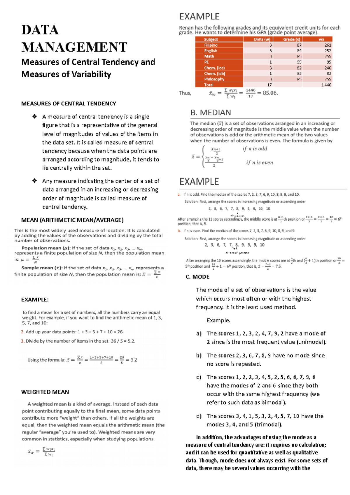 DATA Management Measures of Central Tendency and Measures of ...