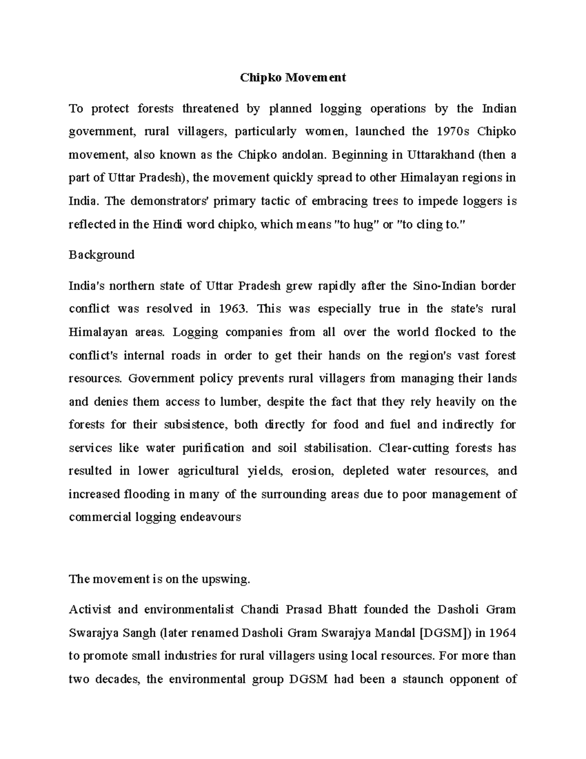 Chipko Movement - Lecture notes 1 - Chipko Movement To protect forests ...