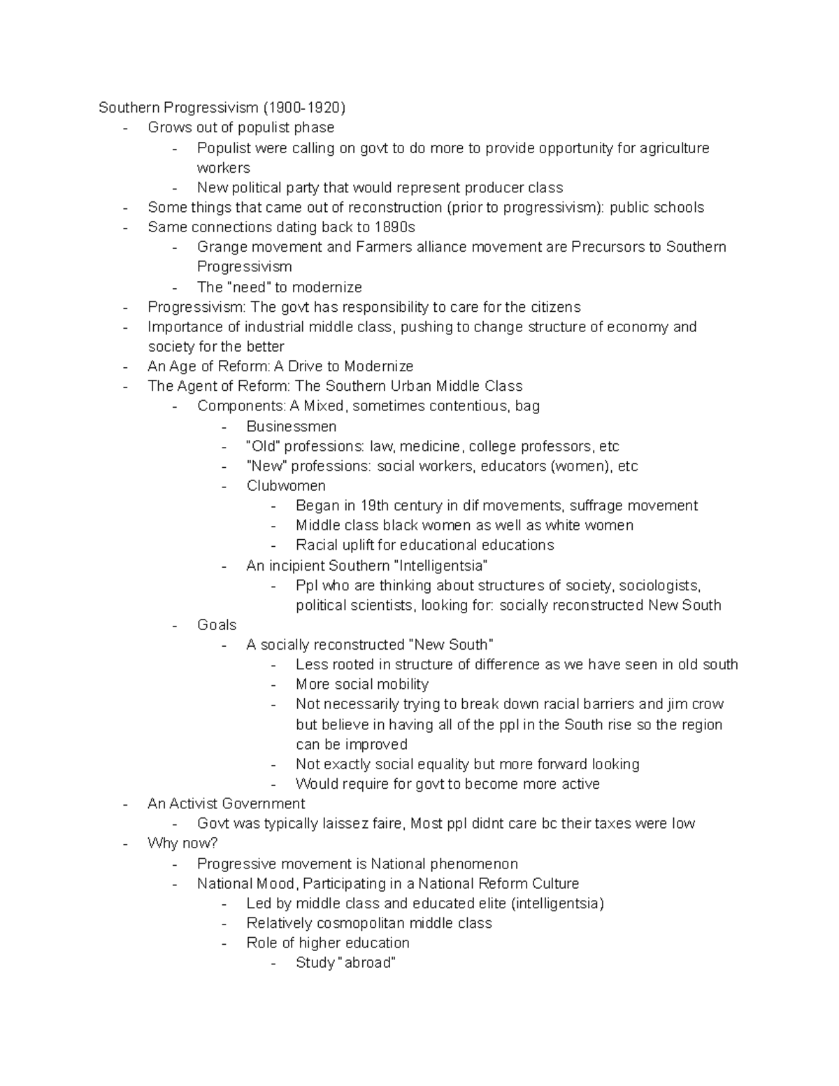 Exam 2 summary of what will be on exam - Southern Progressivism (1900 ...
