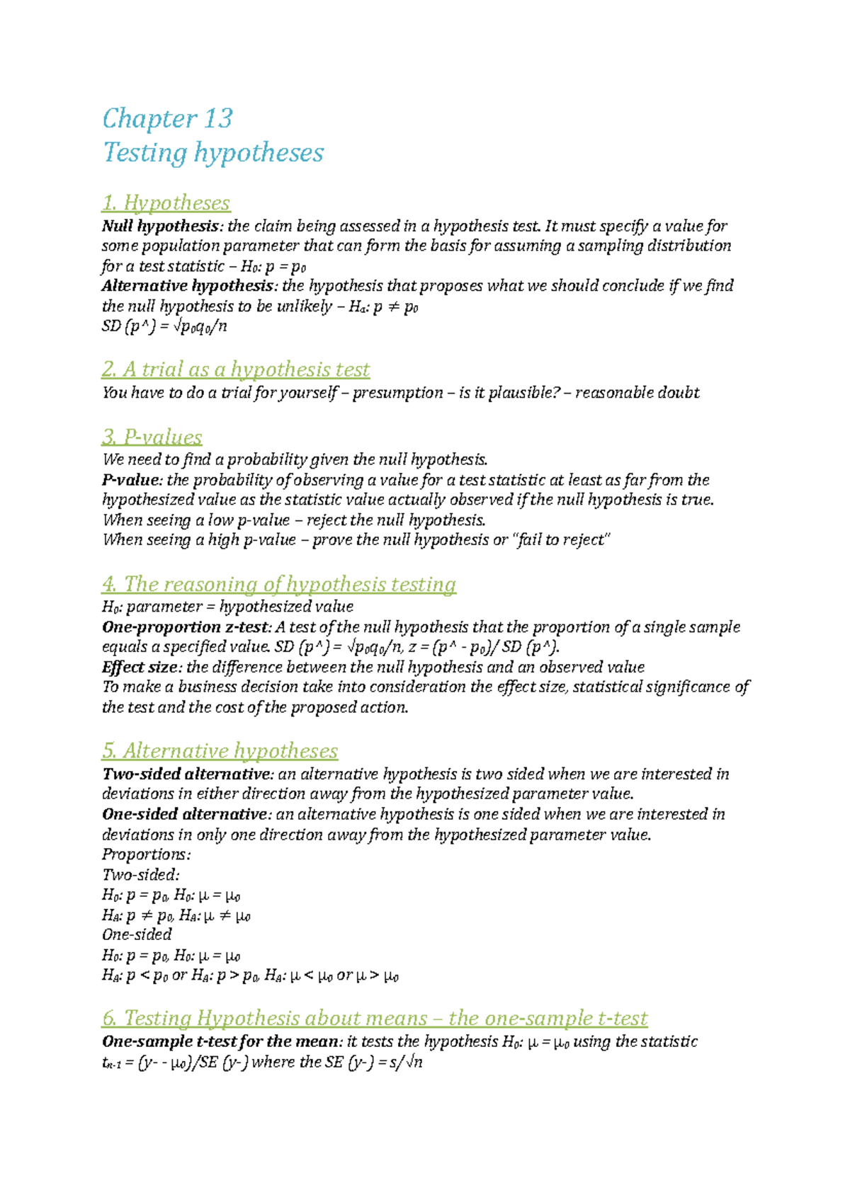 Statistics chapter thirdteen - Chapter 13 Testing hypotheses 1 ...