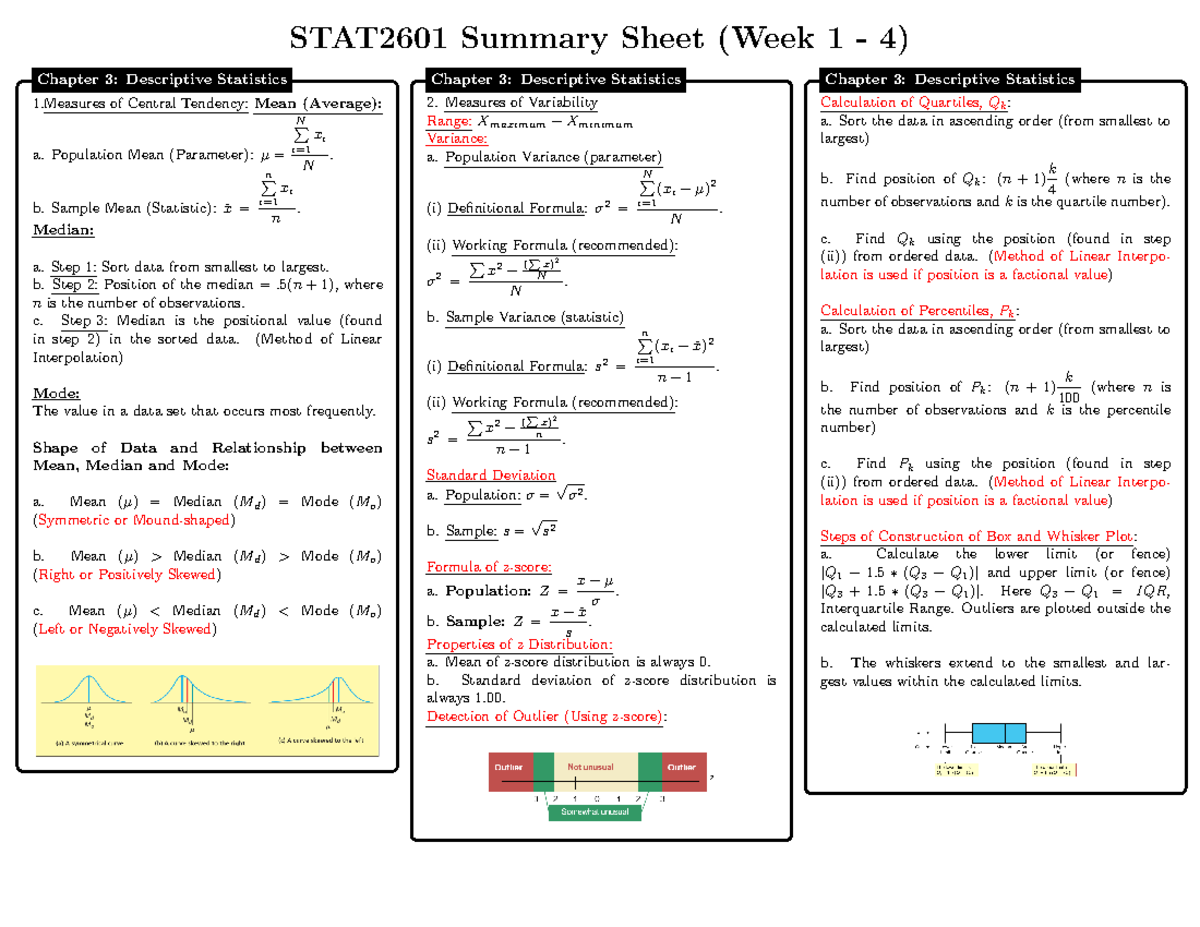 STAT2601 Summary Sheet Part I - STAT2601 Summary Sheet (Week 1 - 4) 1 of Central Tendency: Mean ...