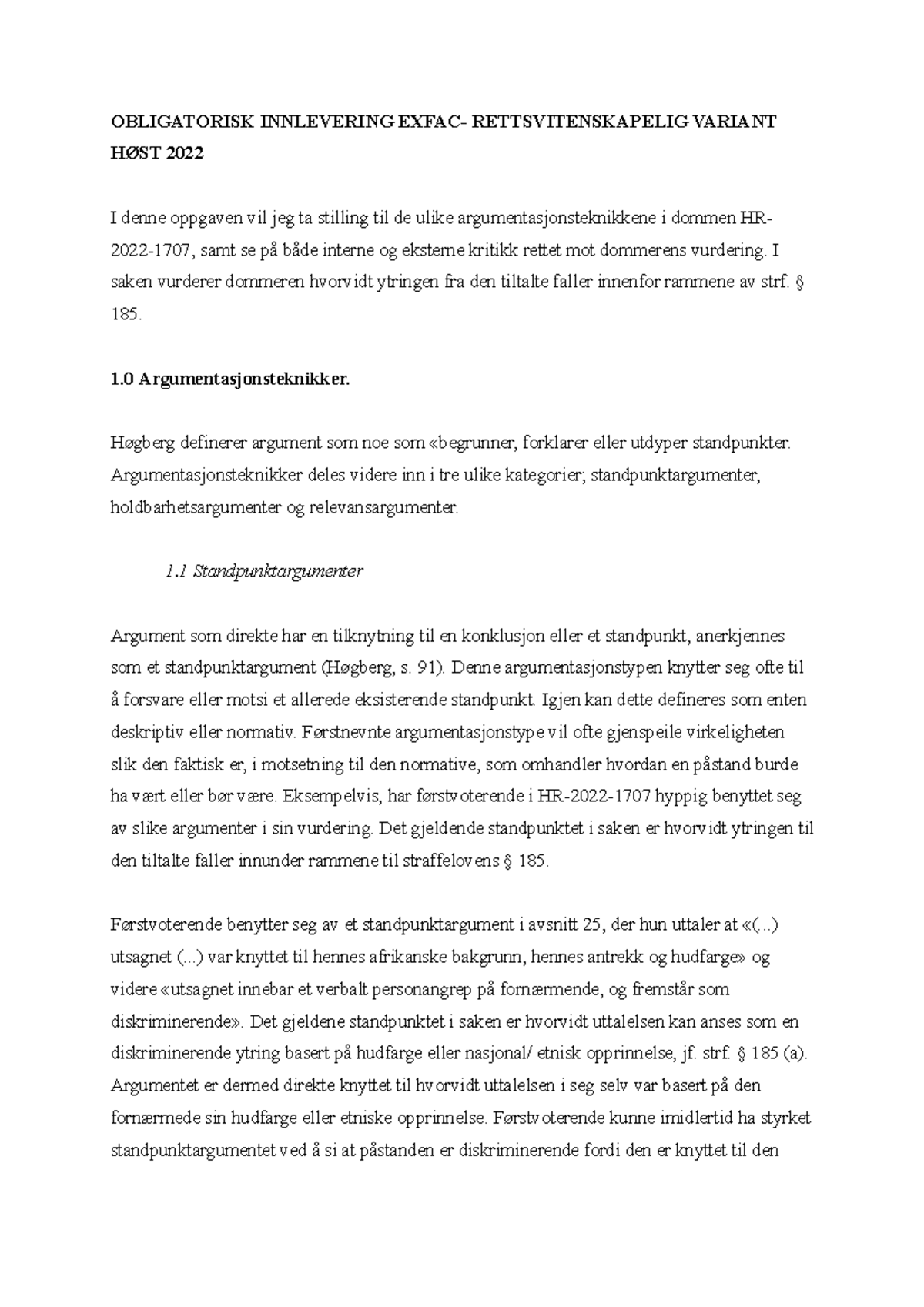 Obligatorisk oppgave exfac - OBLIGATORISK INNLEVERING EXFAC- RETTSVITENSKAPELIG VARIANT HØST ...