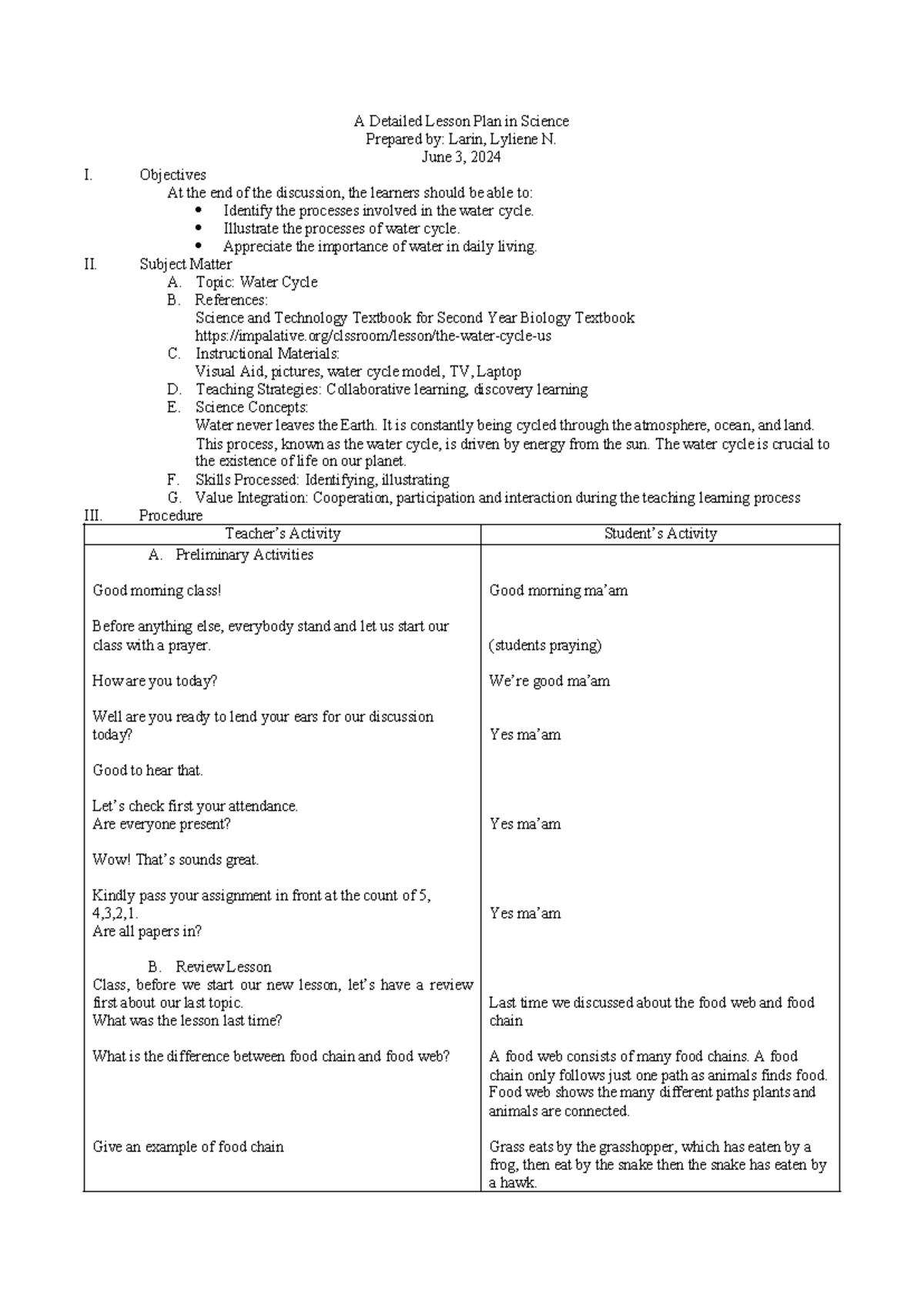 Water Cycle Deped Demo - A Detailed Lesson Plan in Science Prepared by ...