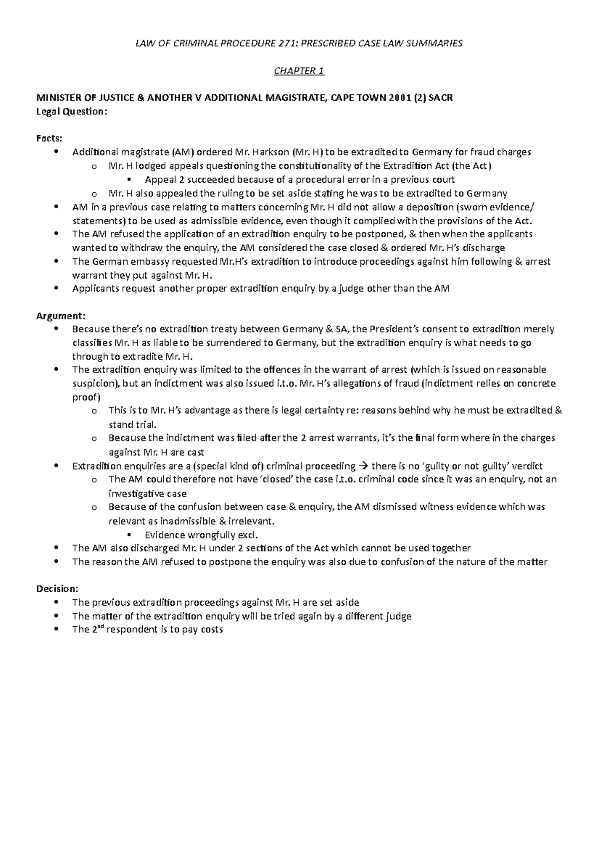 Crim proc case summaries - LAW OF CRIMINAL PROCEDURE 271: PRESCRIBED ...