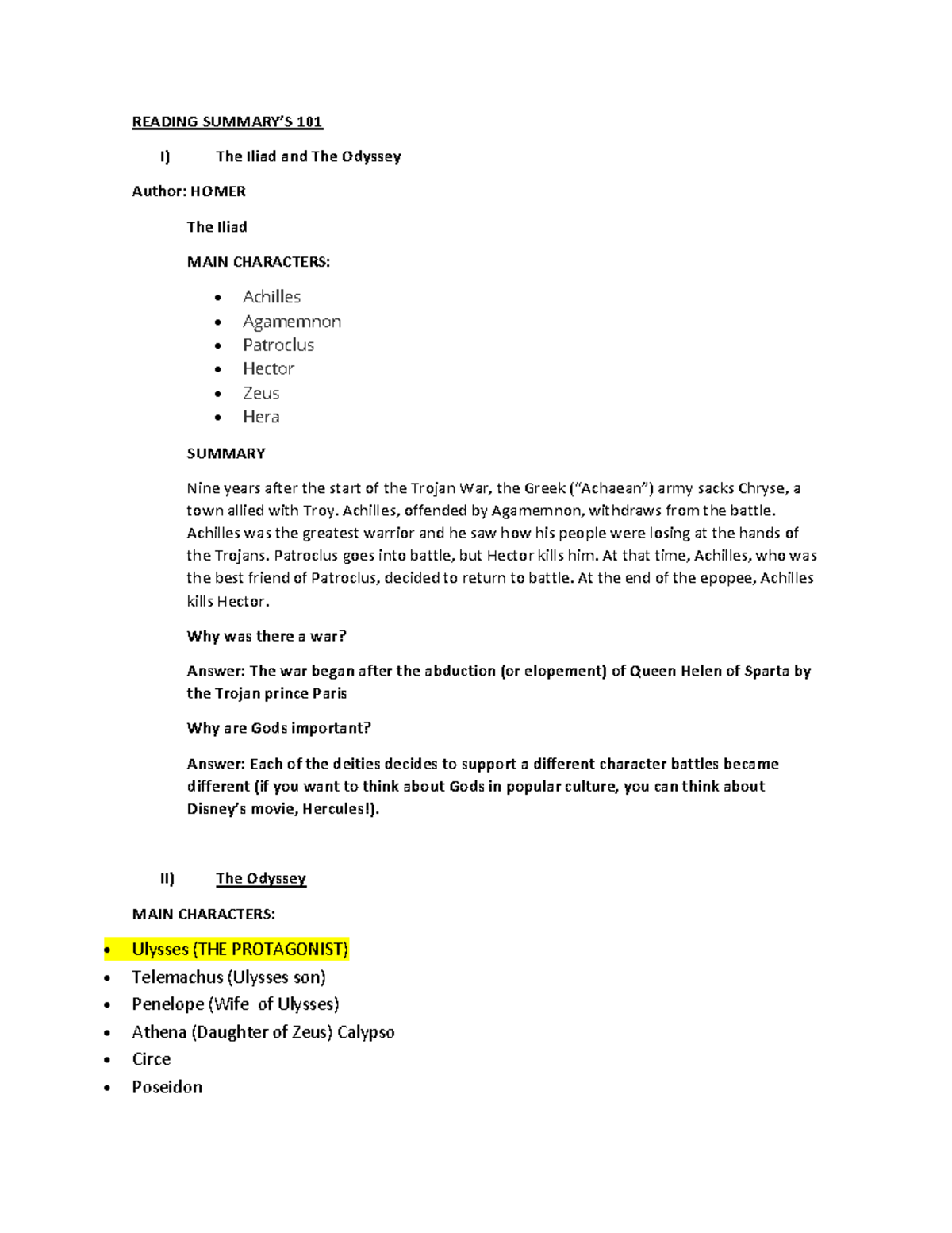 Reading Summary - Topic 2 - READING SUMMARY’S 101 I) The Iliad and The ...