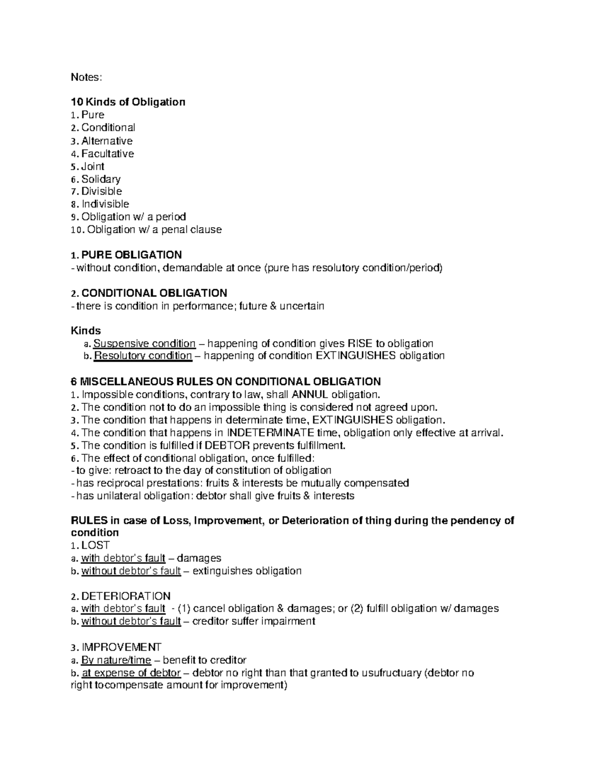 Obligation and Contracts notes - Notes: 10 Kinds of Obligation Pure ...