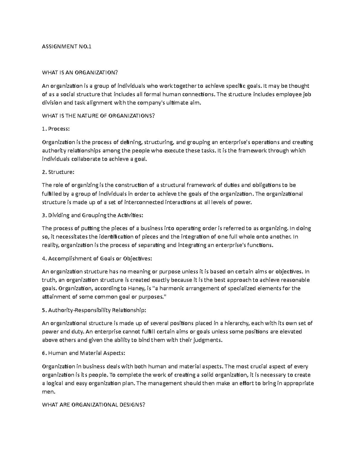 Assignment NO. 1 Organization - ASSIGNMENT NO. WHAT IS AN ORGANIZATION ...