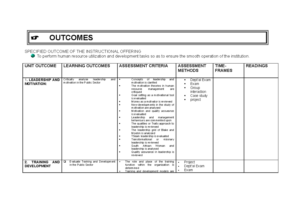 2020 PUHR030 Outcomes - Lecture notes 1 - OUTCOMES SPECIFIED OUTCOME OF ...
