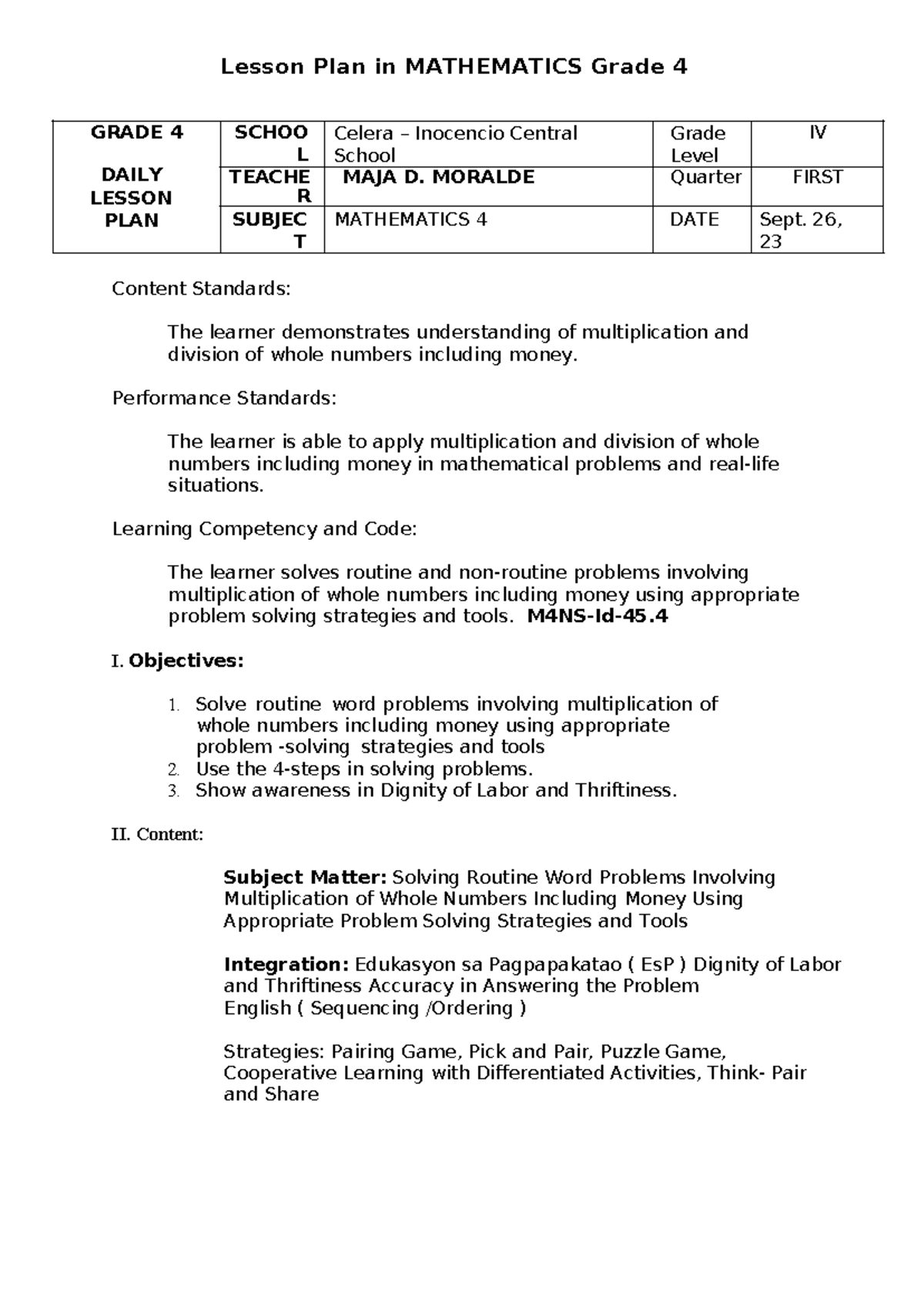 MAJA MATH 4 DEMO Lesson - Lesson Plan in MATHEMATICS Grade 4 GRADE 4 ...