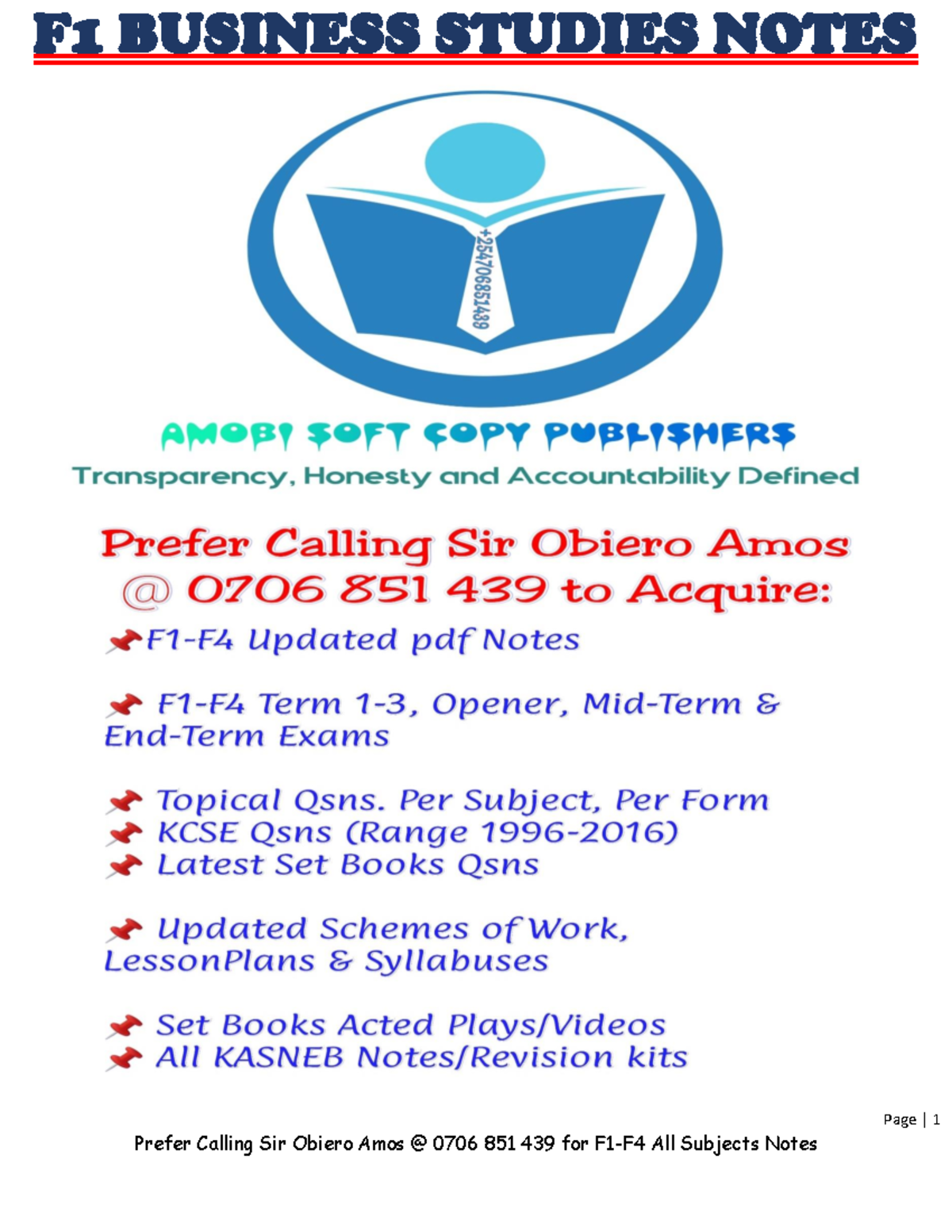 F1 Business Studies Notes-1 - Page | 1 F1 BUSINESS STUDIES NOTES Page ...