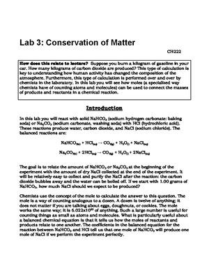Ch lab hm 2 - Pre-Lab Conservation of Matter - Pre-Lab #3: Conservation ...