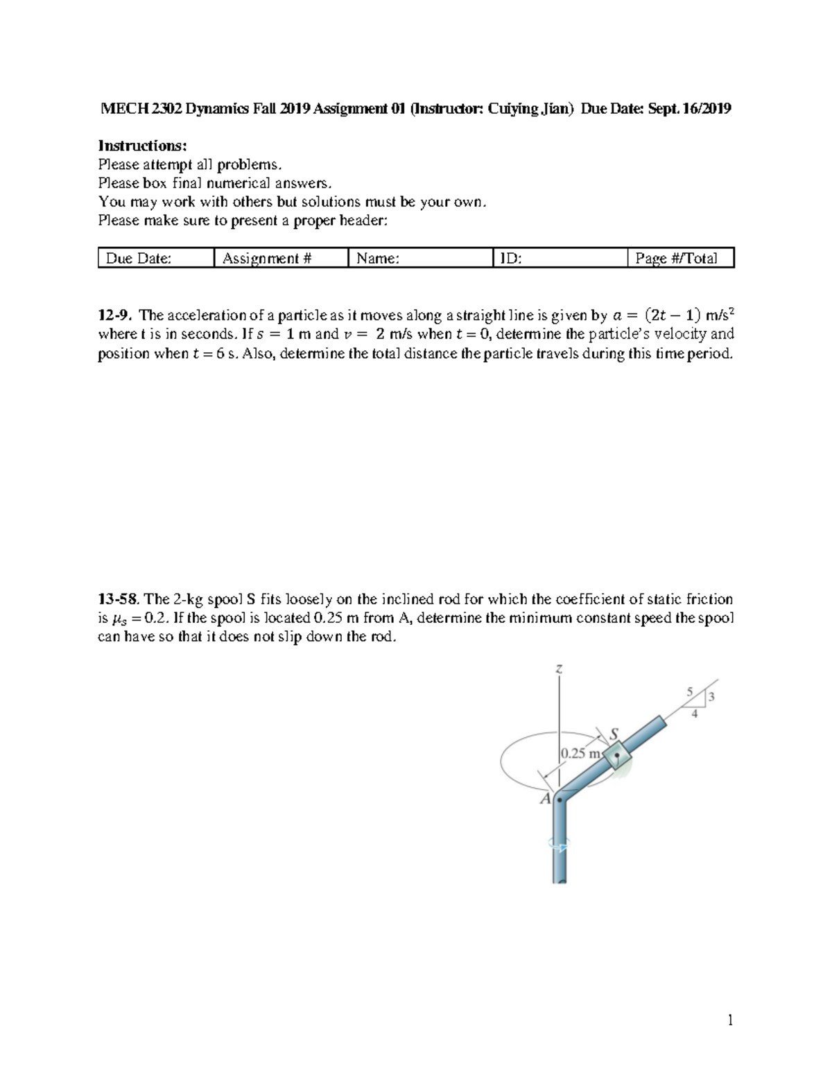 MECH2302-Assignment 01-Problems - Warning: TT: undefined function: 32 1 MECH 2302 Dynamics Fall ...
