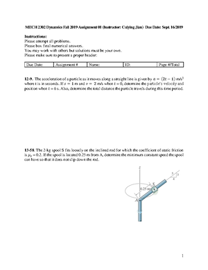 MECH2302-Assignment 02-Solutions - MECH 2302 Dynamics Fall 2020 Assignment 02 (Instructor ...