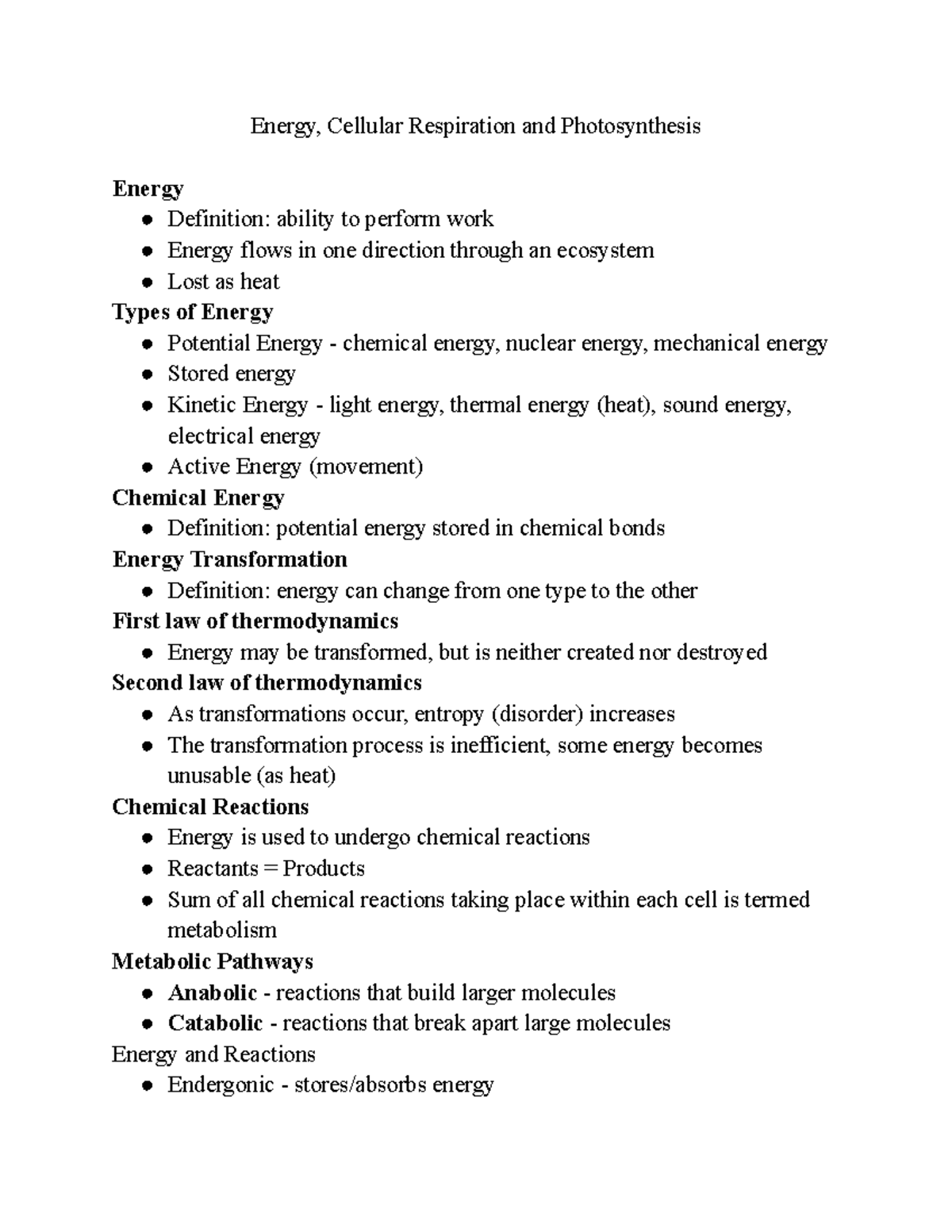 Energy, Cellular Respiration and Photosynthesis -1 - Energy, Cellular ...