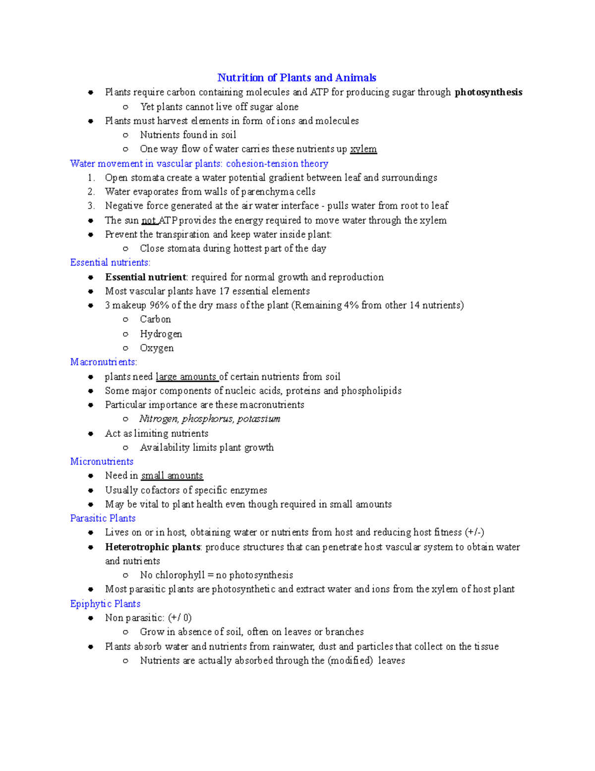 BIO 102 Plant Nutrition - Nutrition of Plants and Animals Plants ...