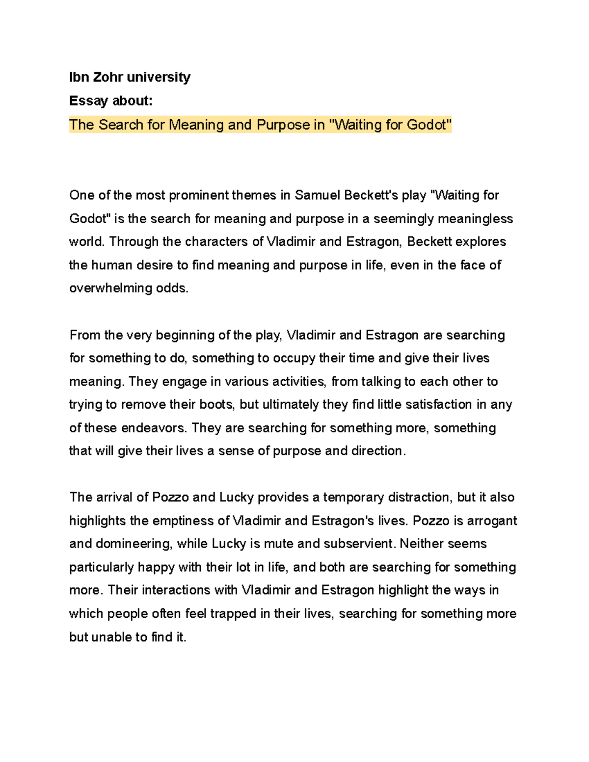 The Search for Meaning and Purpose in Waiting for Godot - Ibn Zohr ...