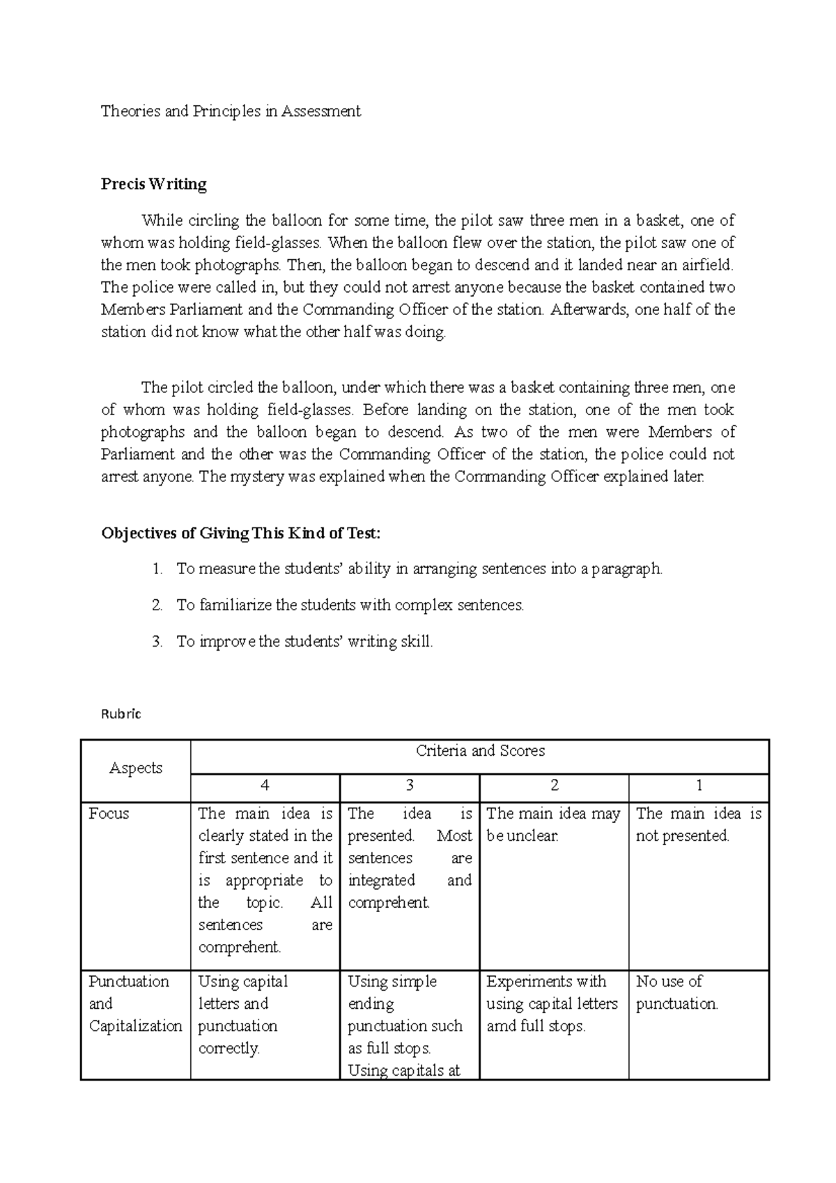 Writing an Assessment - Theories and Principles in Assessment Precis ...