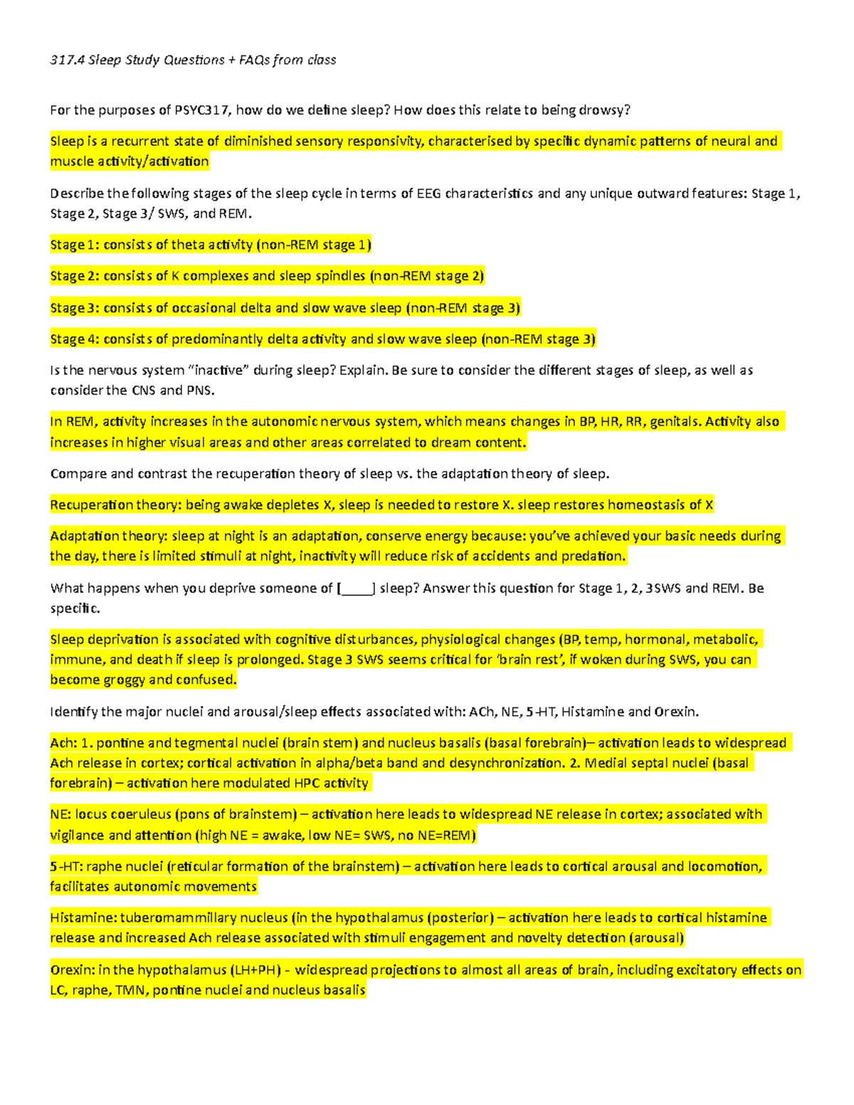 317.4 SQs Sleep - 317 Sleep Study Questions + FAQs from class For the ...