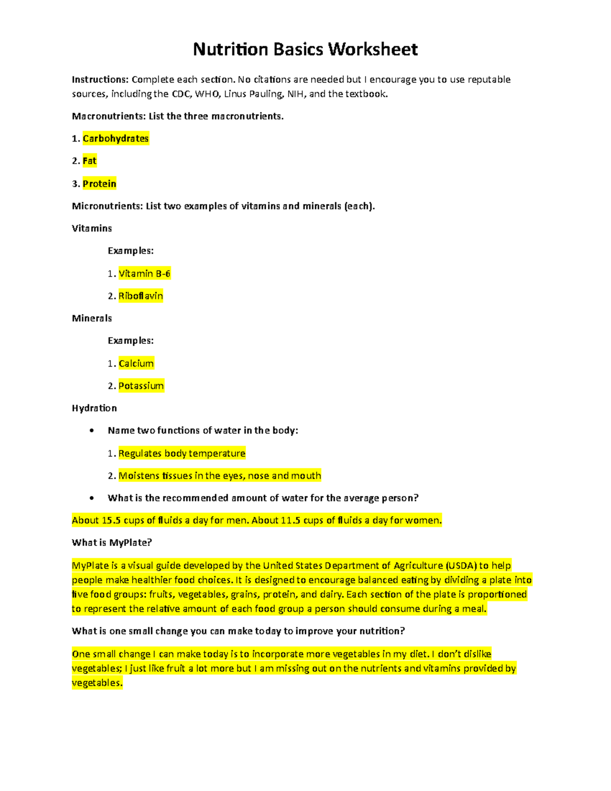 Nutrition Basics Worksheet - Nutrition Basics Worksheet Instructions ...