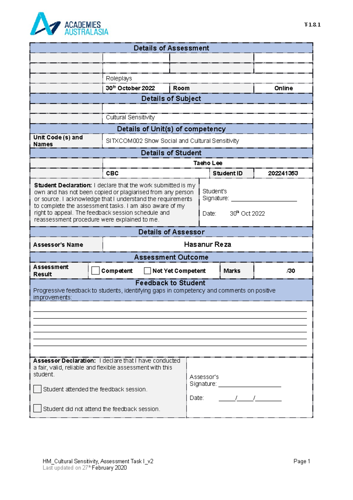 202241353 Lee Taeho Cultural sensitivity A1 - Details of Assessment ...