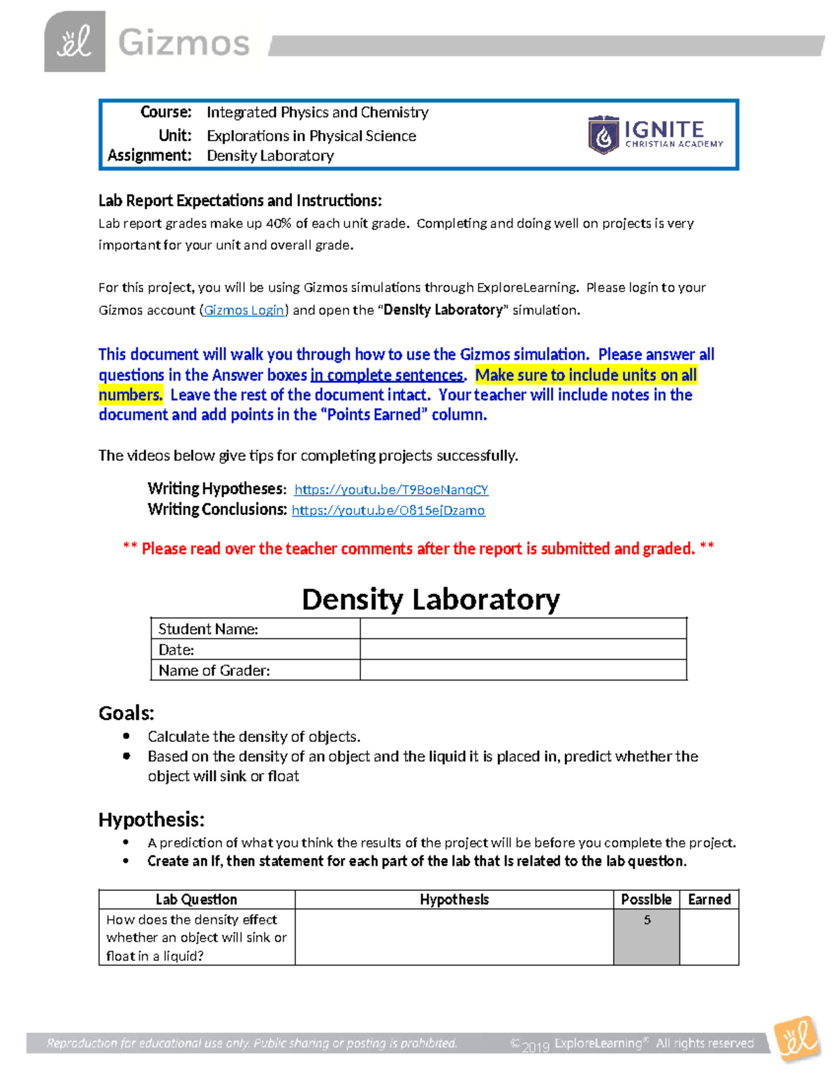 Lastname SIPC01 Density Lab 22-23 - Course: Integrated Physics and ...