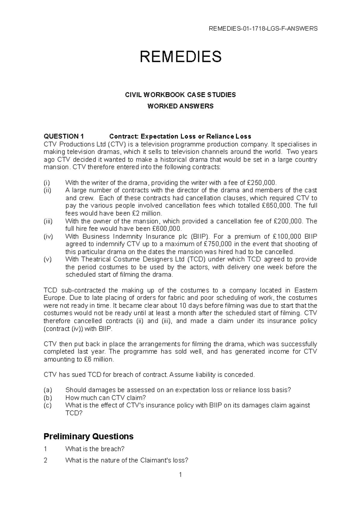 Remedies Worked Answers F - REMEDIES CIVIL WORKBOOK CASE STUDIES WORKED ...