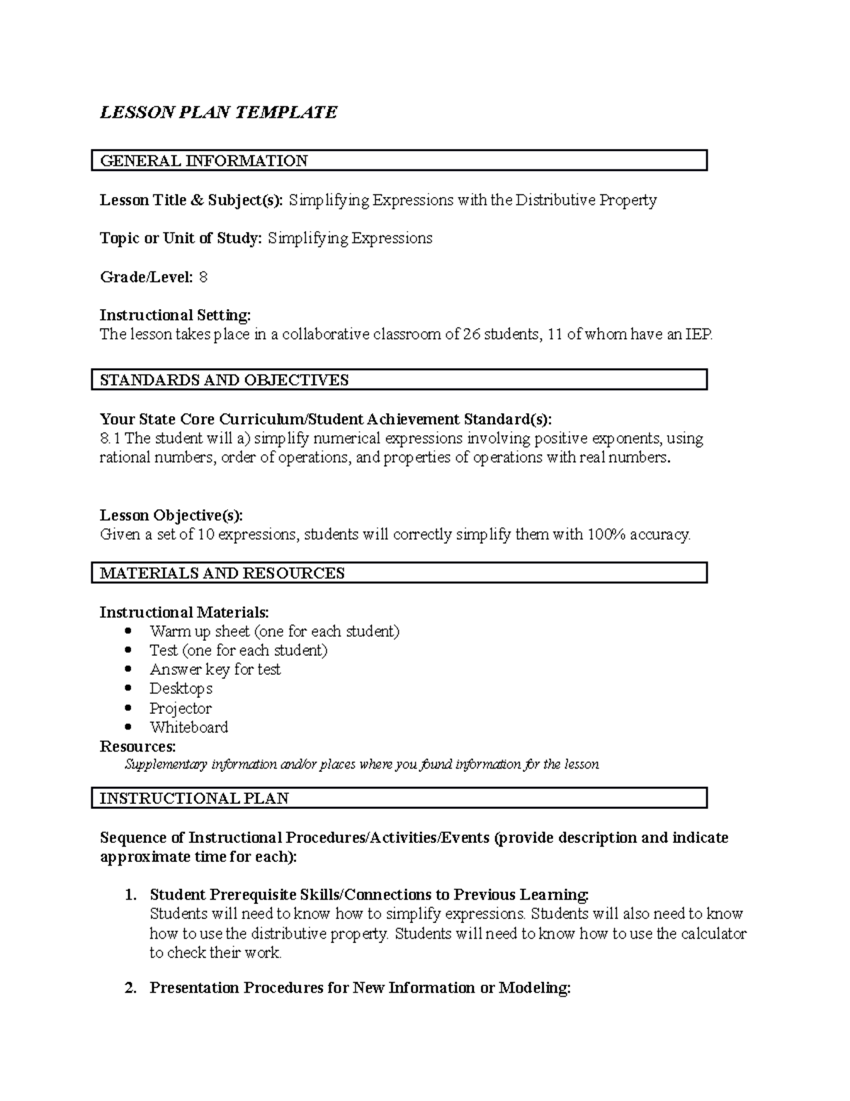 B1 lesson plan 2018 10 03 - LESSON PLAN TEMPLATE GENERAL INFORMATION ...